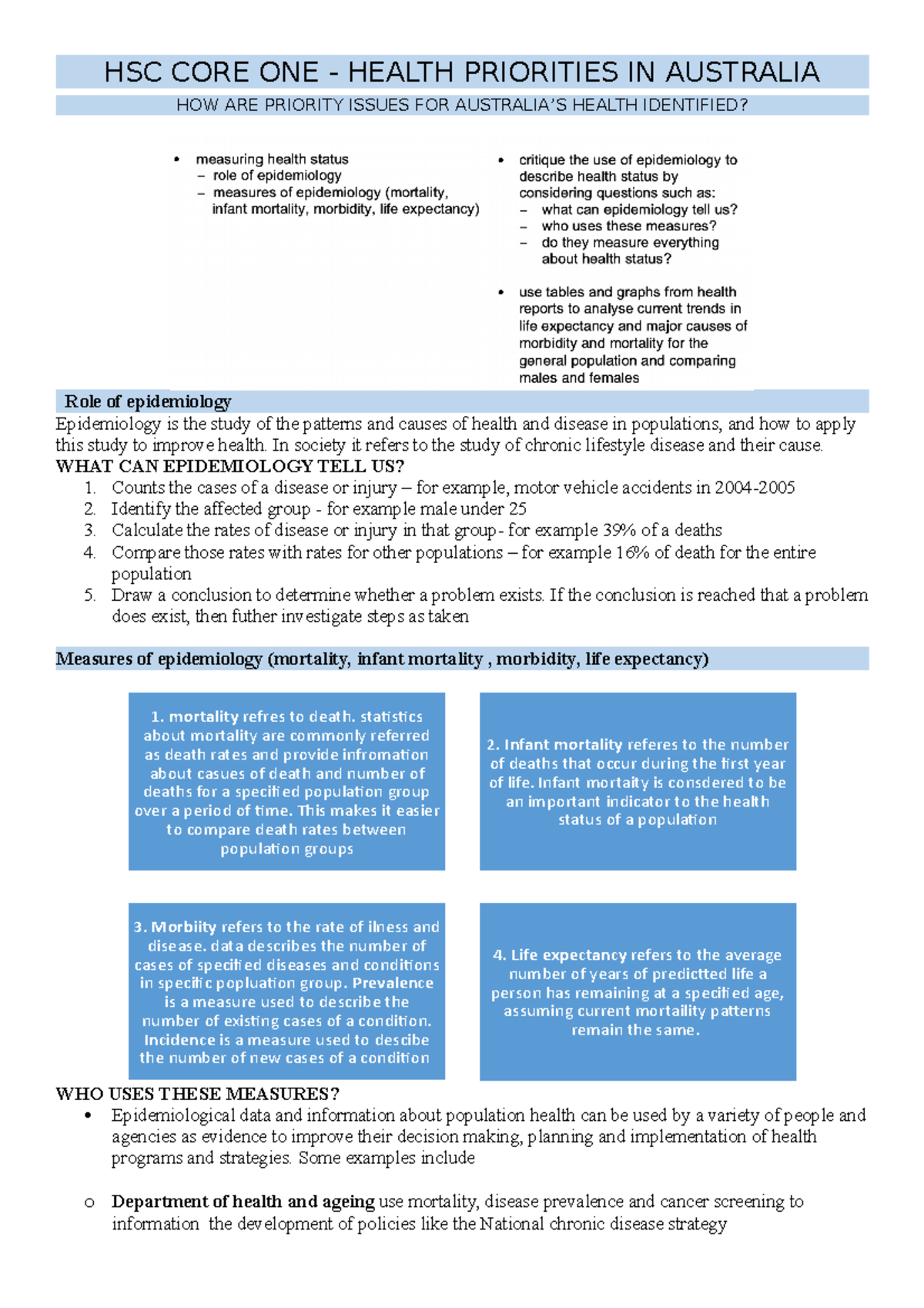 HSC CORE ONE - PDHPE NOTES - HSC CORE ONE - HEALTH PRIORITIES IN ...