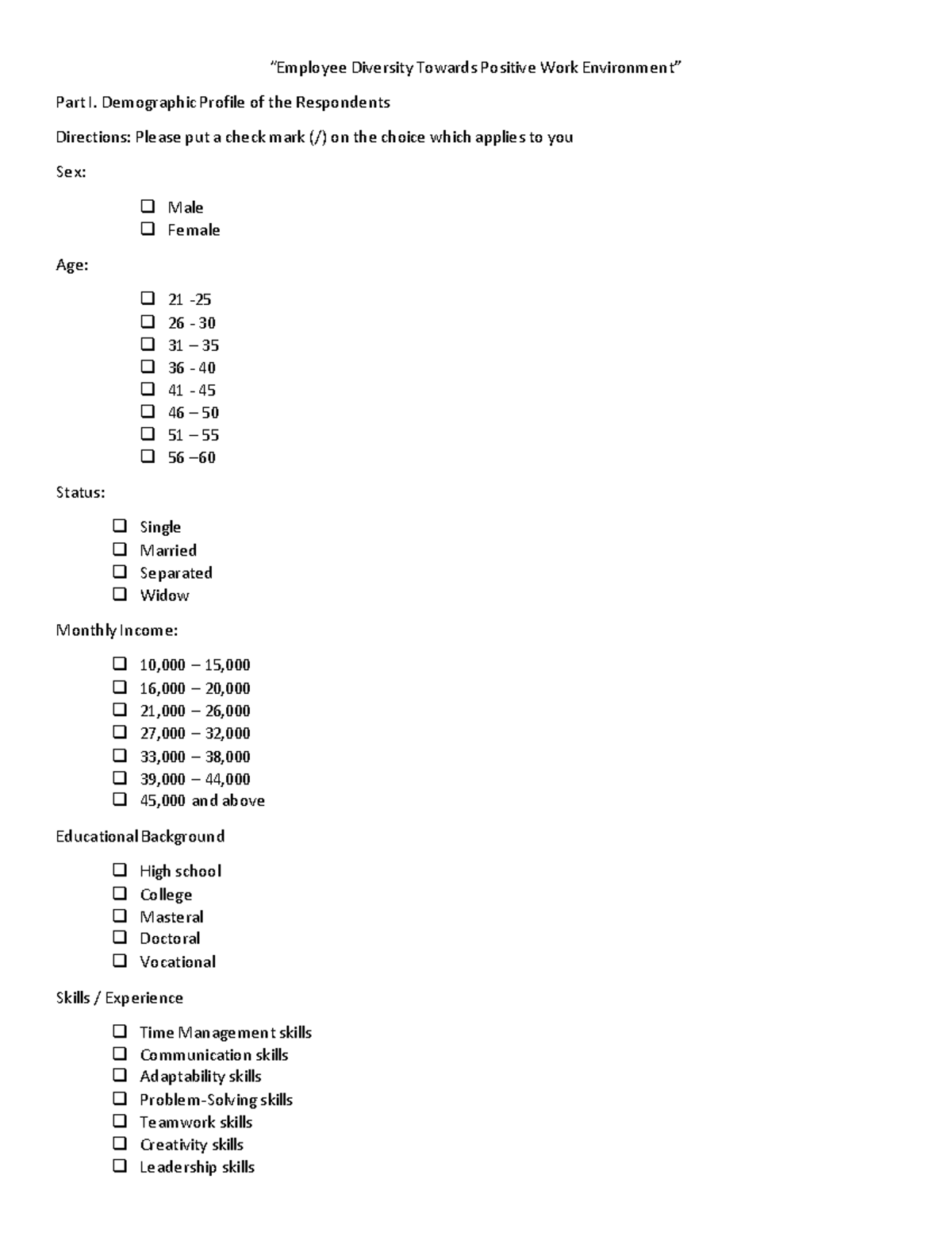 Survey-questionnaire-updated - “Employee Diversity Towards Positive ...