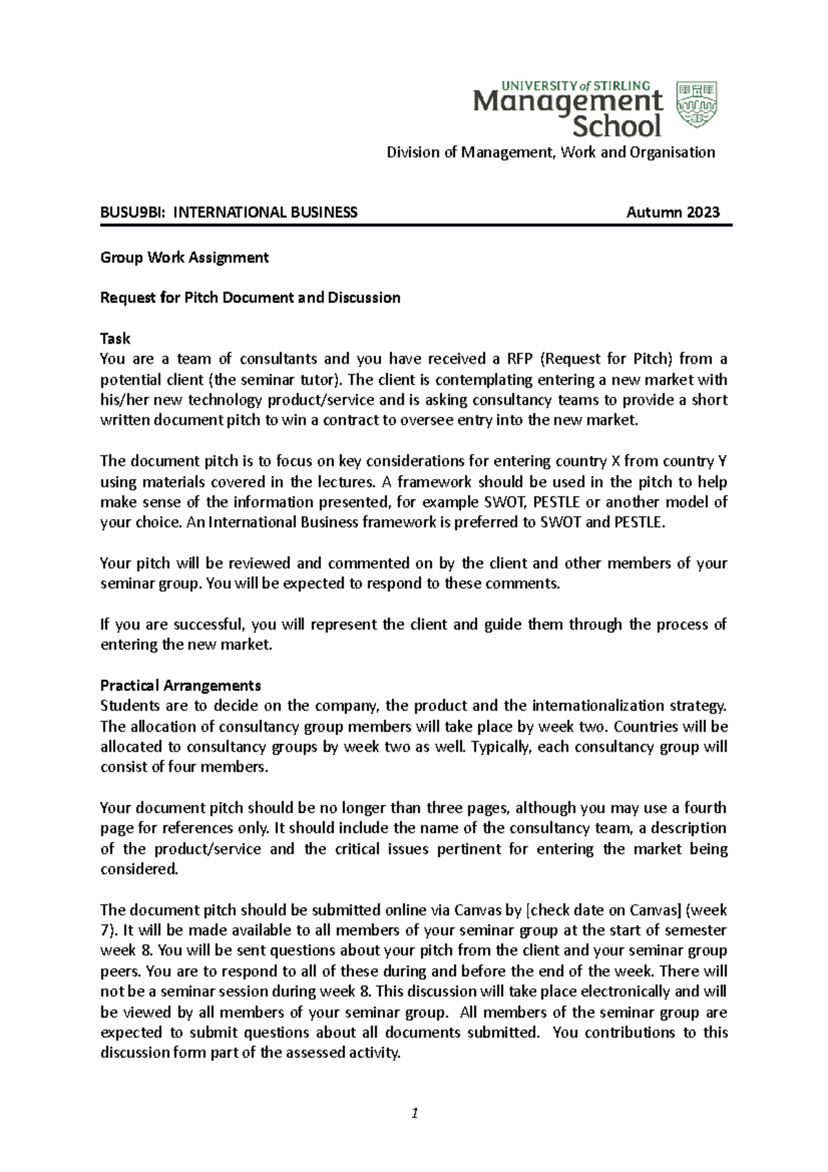 International Business Group Assignment - Division of Management, Work ...