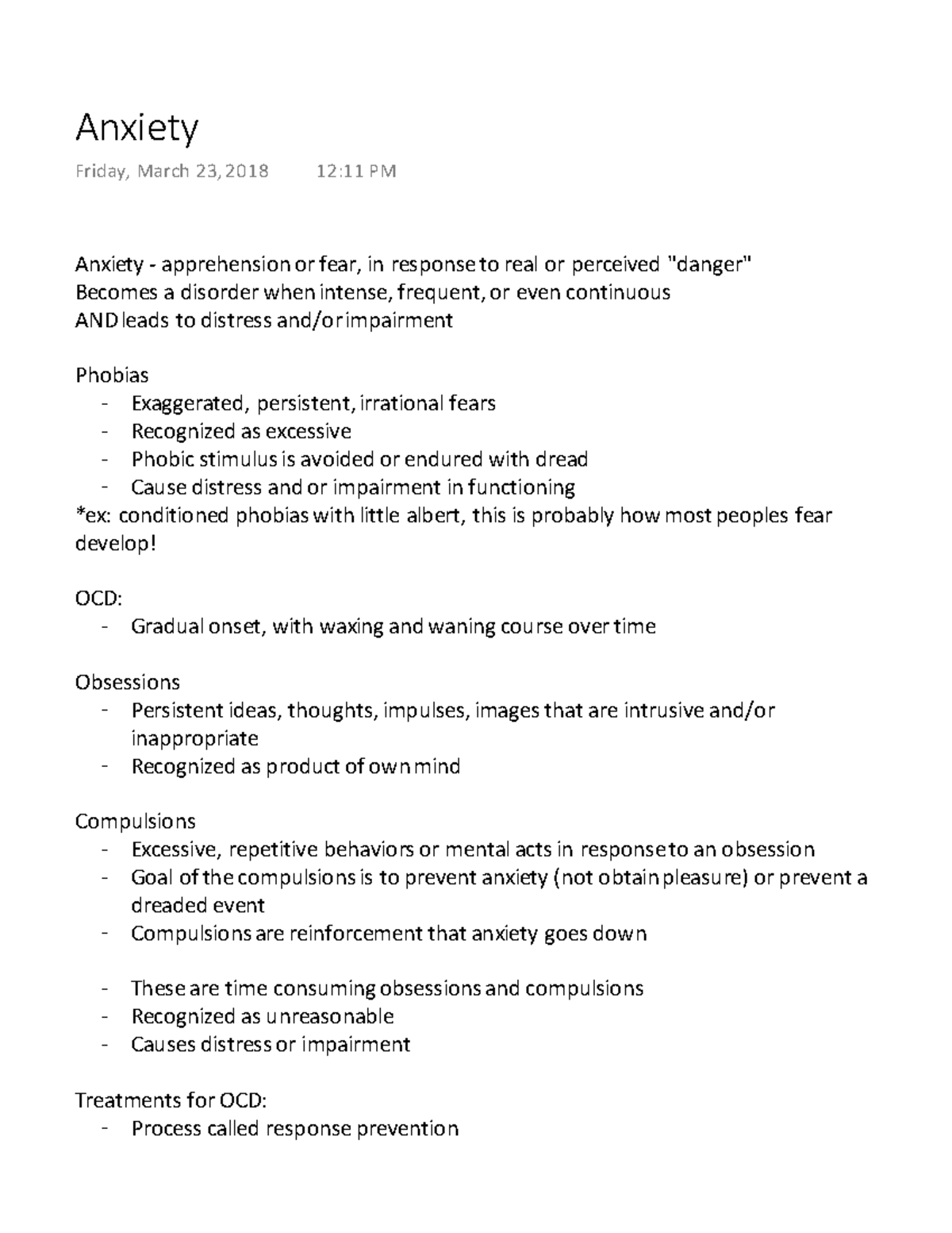 Anxiety - Lecture notes 3 - Anxiety Friday, March 23, 2018 12:11 PM ...