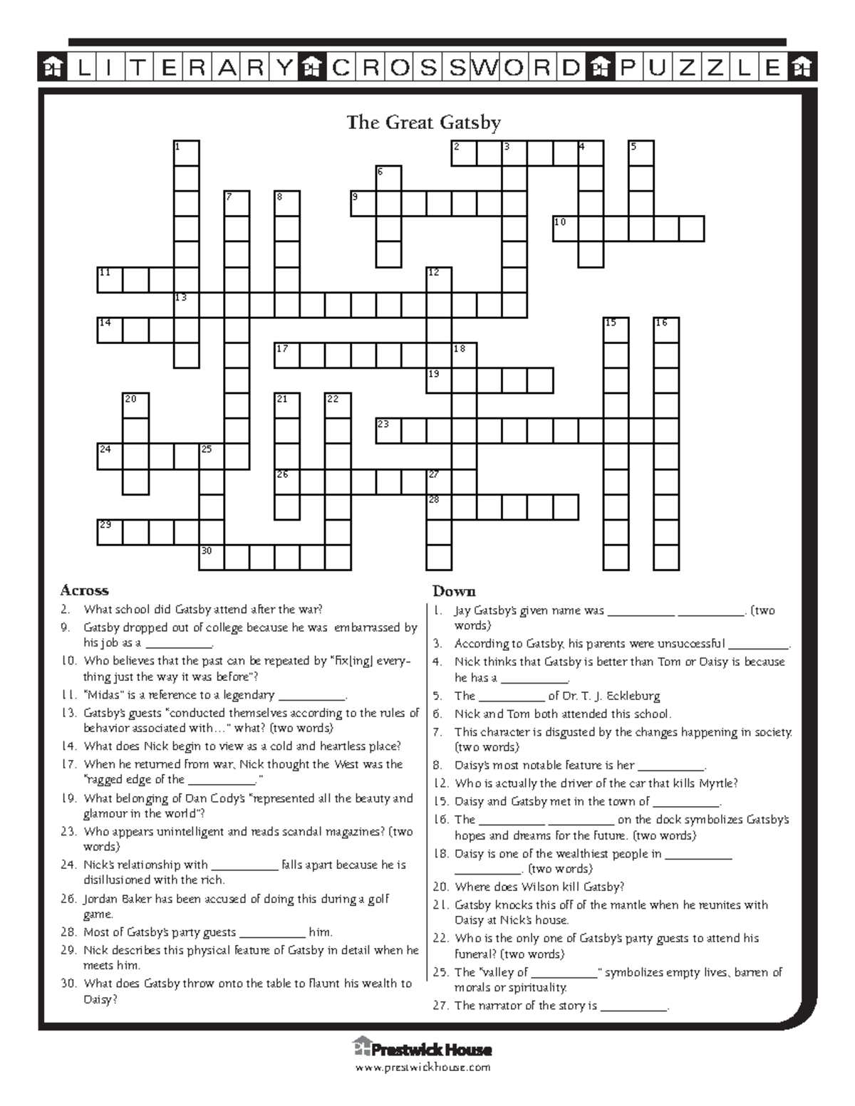 The great gatsby crossword - L I T E R A R Y C R O S S W O R D P U Z Z ...