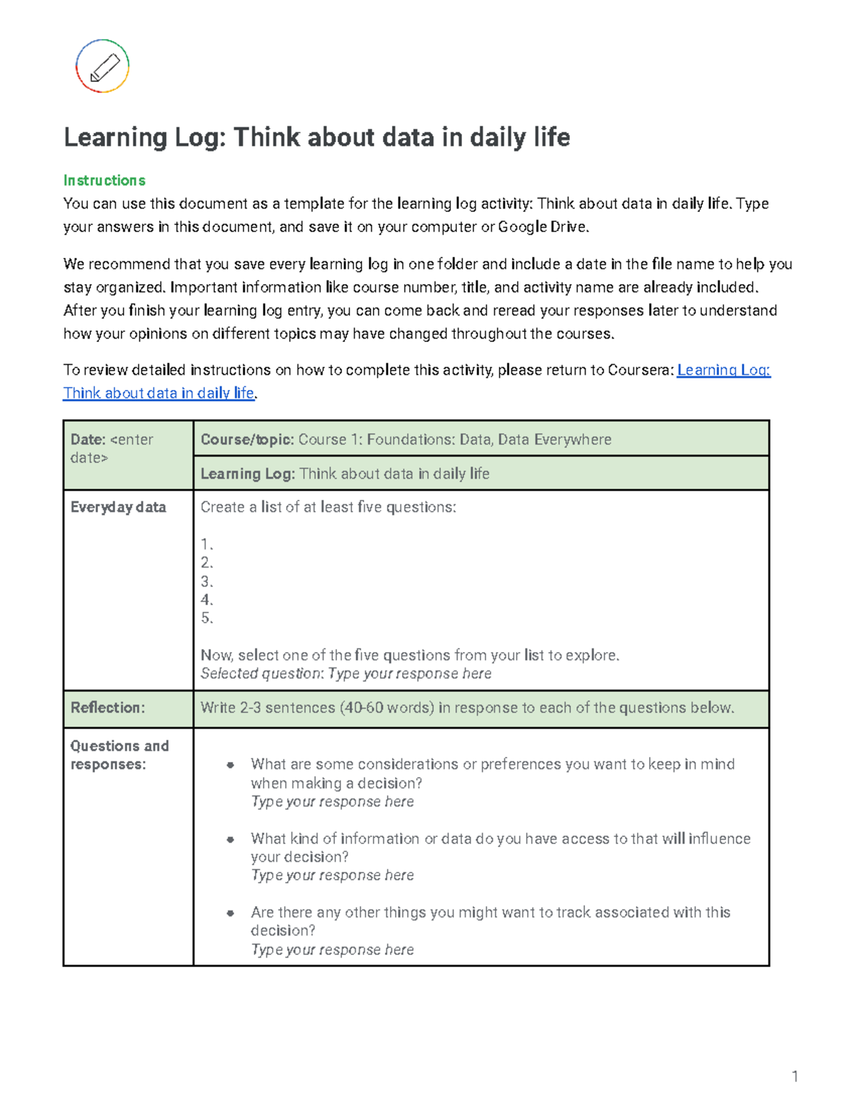 Learning Log Template Think about data in daily life - Documentos de ...