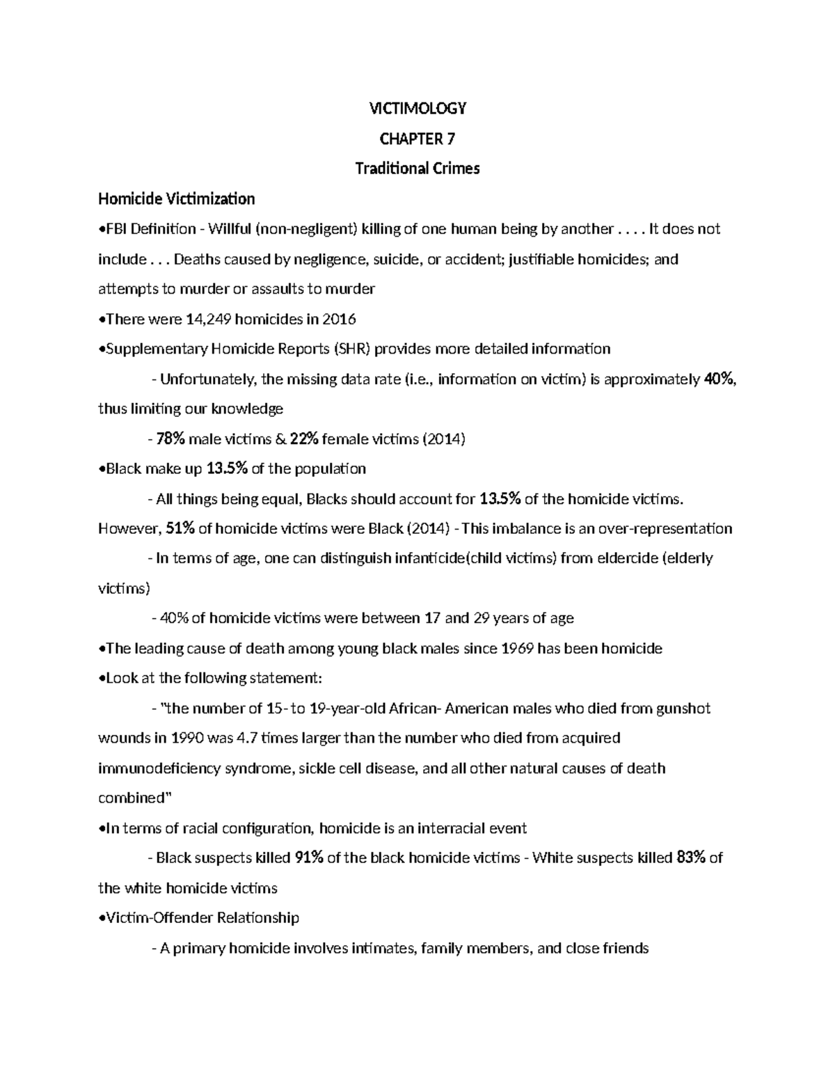 Chapt 7 - VICTIMOLOGY CHAPTER 7 Traditional Crimes Homicide ...