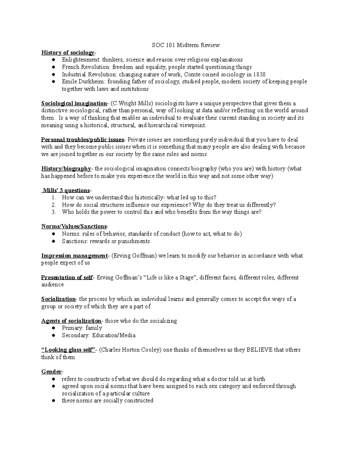 Soc 101 Midterm Review Soc 101 Midterm Review History Of Sociology Enlightenment Thinkers