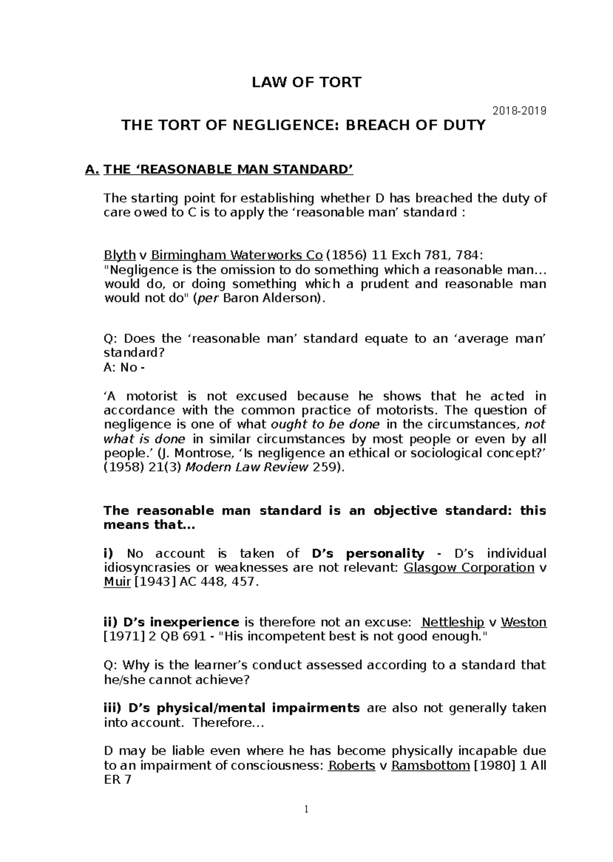 breach-of-duty-handout-law-of-tort-2018-the-tort-of-negligence