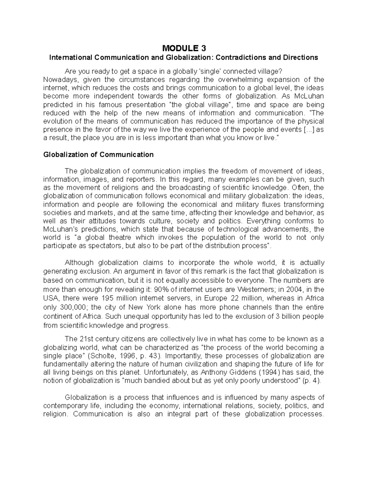 MODULE 3 International Communication and Globalization: Contradictions ...