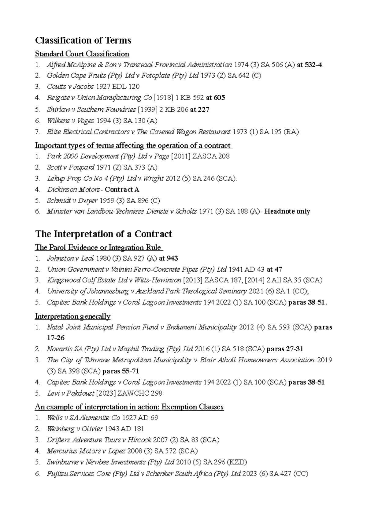 Contract B: Case List - Classification of Terms Standard Court ...