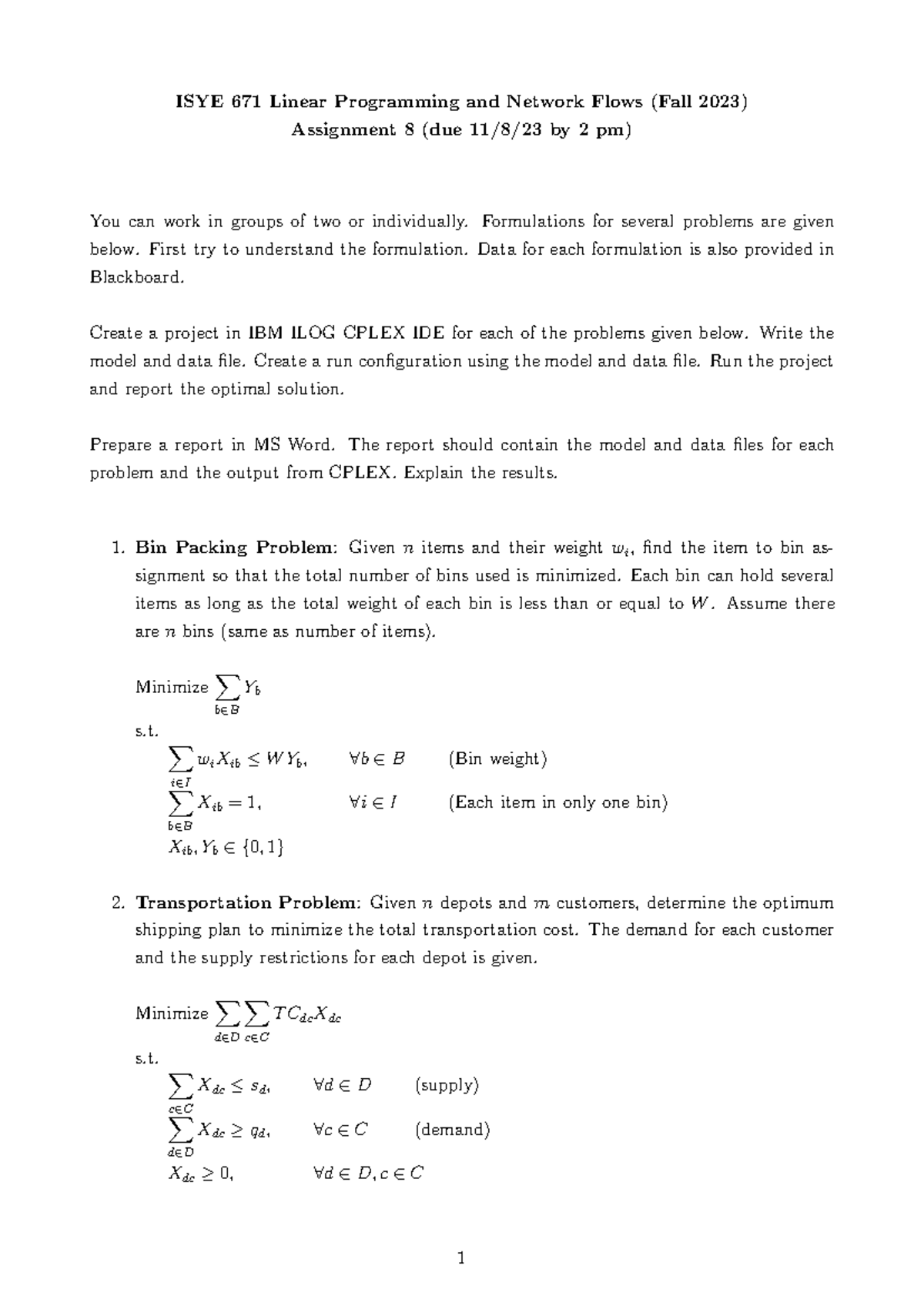 Cplex Problems - notes - ISYE 671 Linear Programming and Network Flows ...