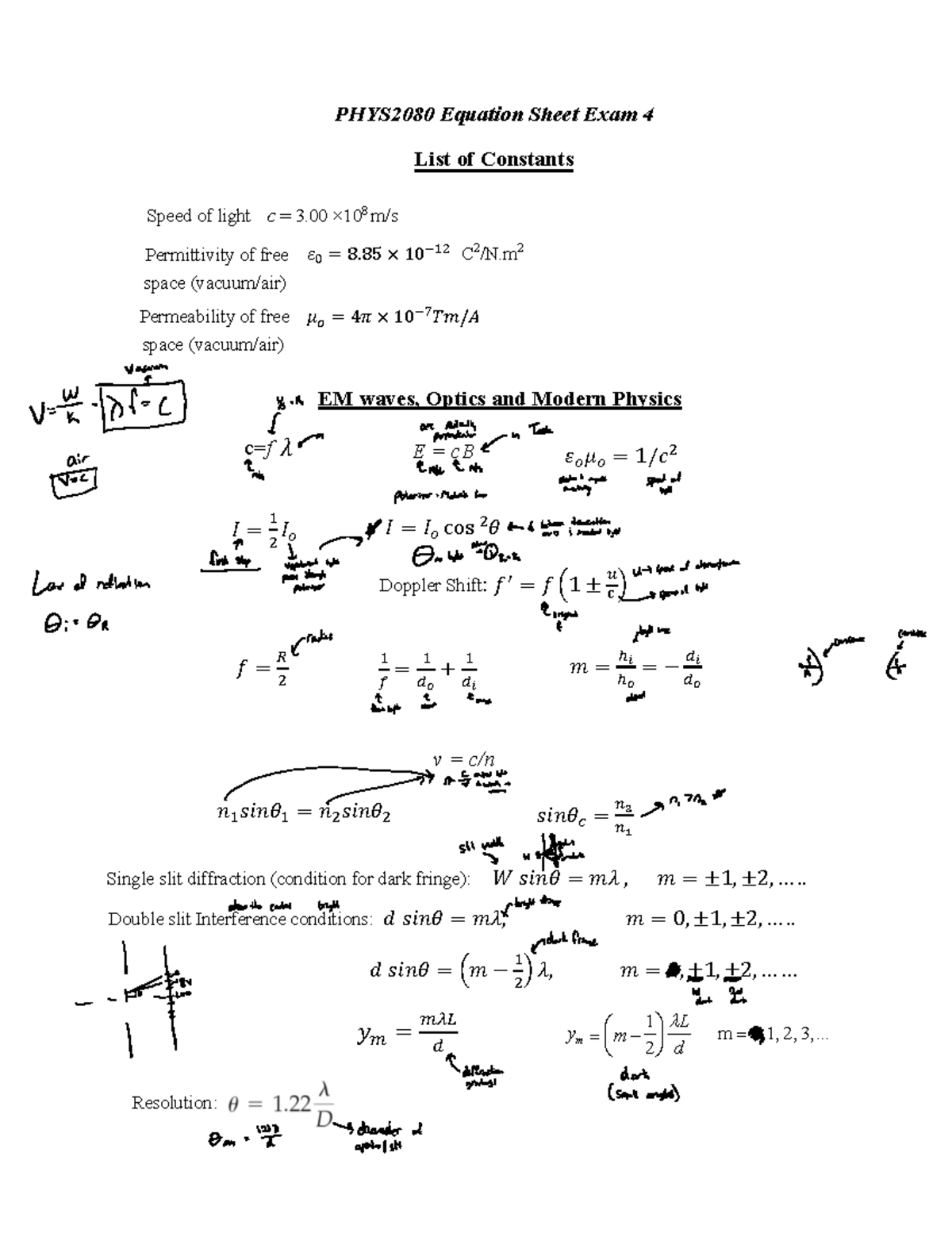 PHYS2080 Equation+Exam4 - ####### PHYS2080 Equation Sheet Exam 4 ...