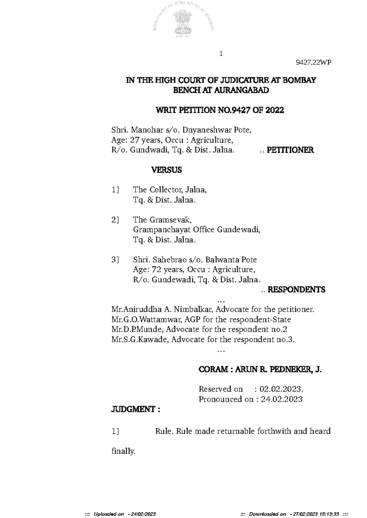 Ordjud-38-461089 - 9427 IN THE HIGH COURT OF JUDICATURE AT BOMBAY BENCH AT AURANGABAD WRIT ...