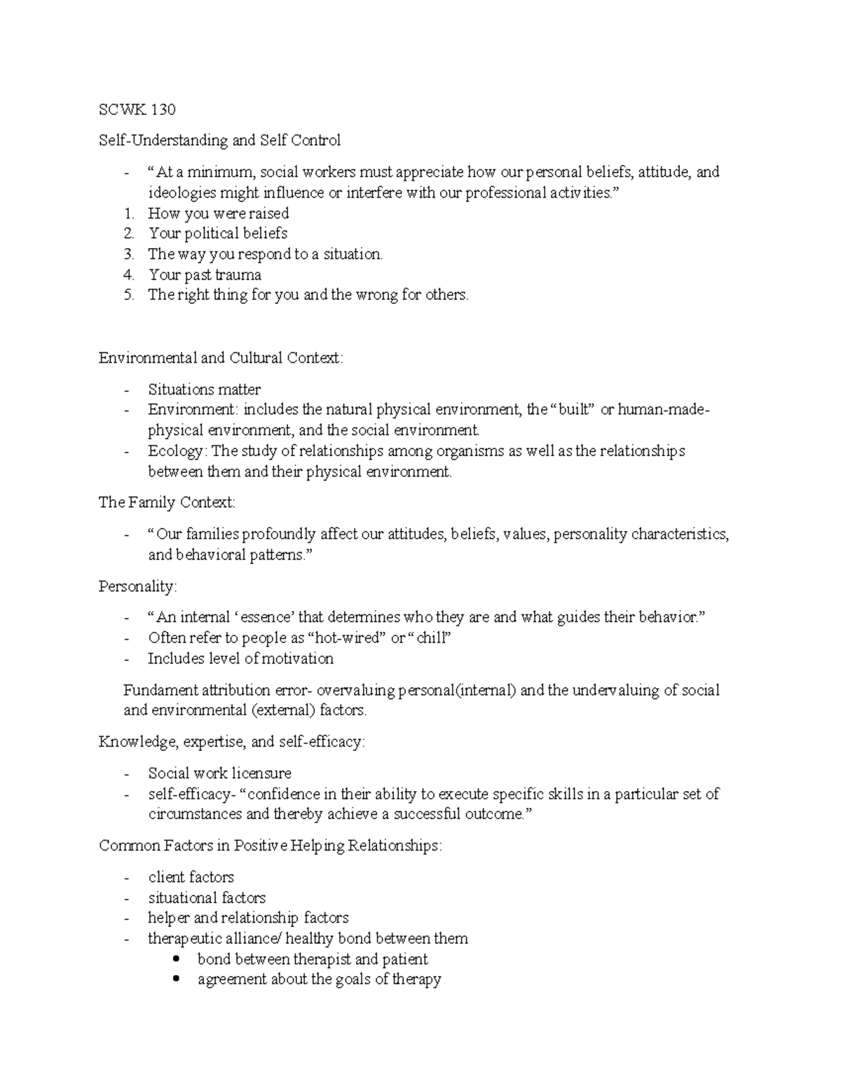 SCWK 130 chapters 1 AND 2 - SCWK 130 Self-Understanding and Self ...