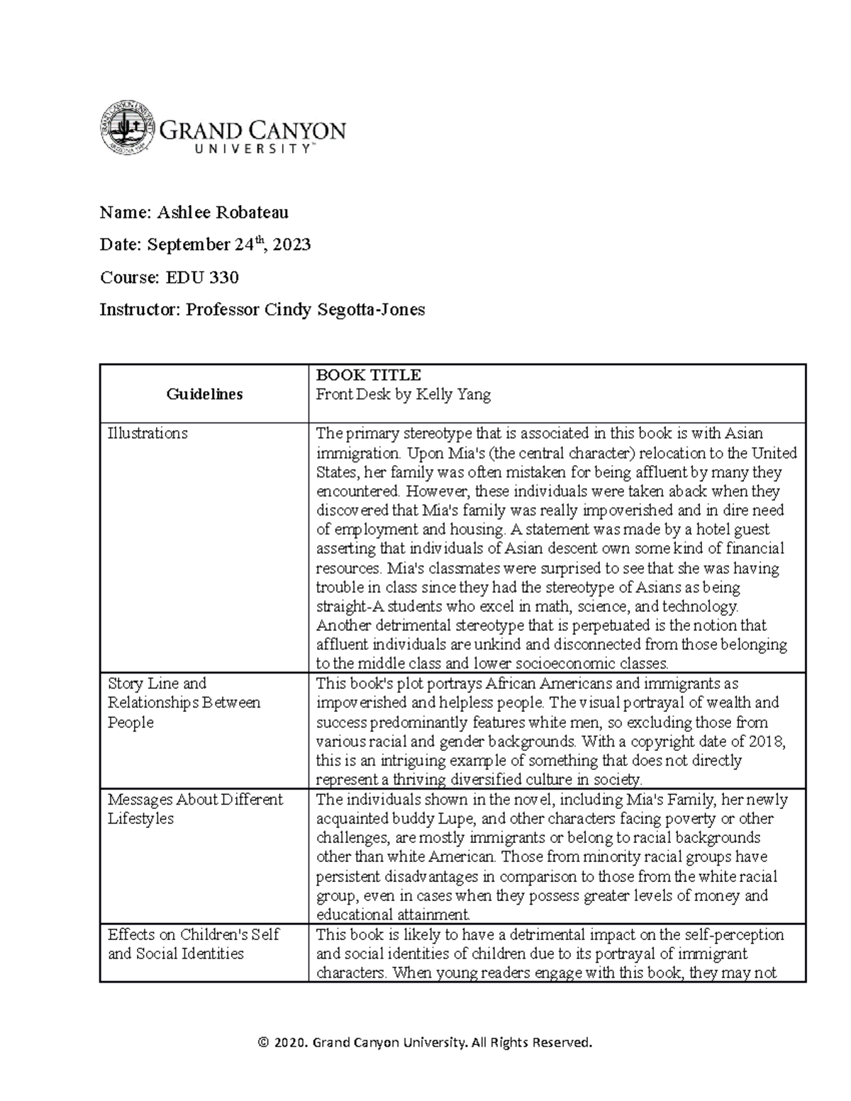 EDU 330- Content Analysis for Cultural Competency Matrix - Name: Ashlee ...