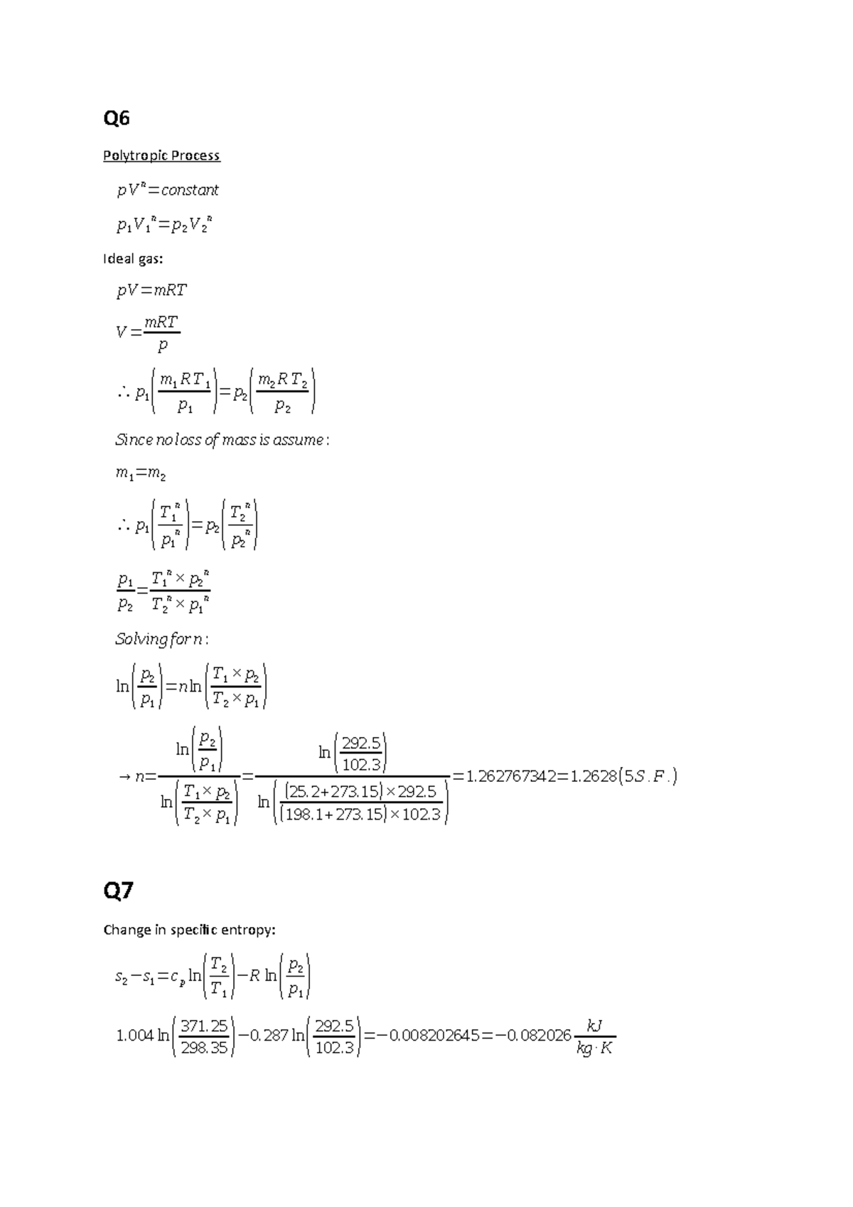 Thermo calculations for Task 2 - Q Polytropic Process pVn=constant p 1 ...