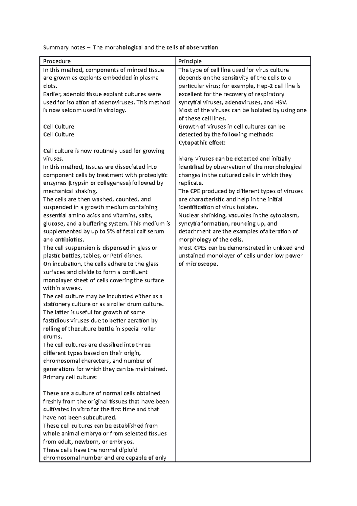 Summary notes – The morphological and the cells of observation ...