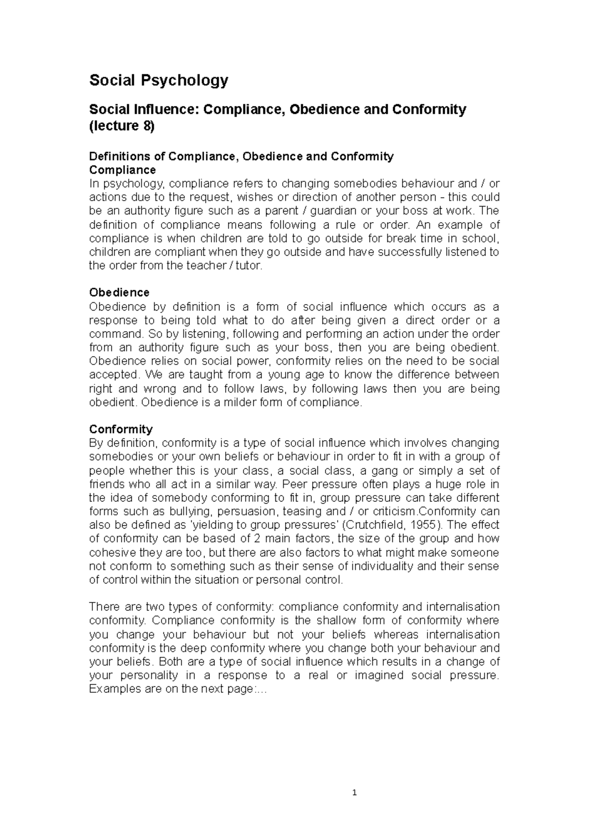 Social Psychology - Social Psychology Social Influence: Compliance ...