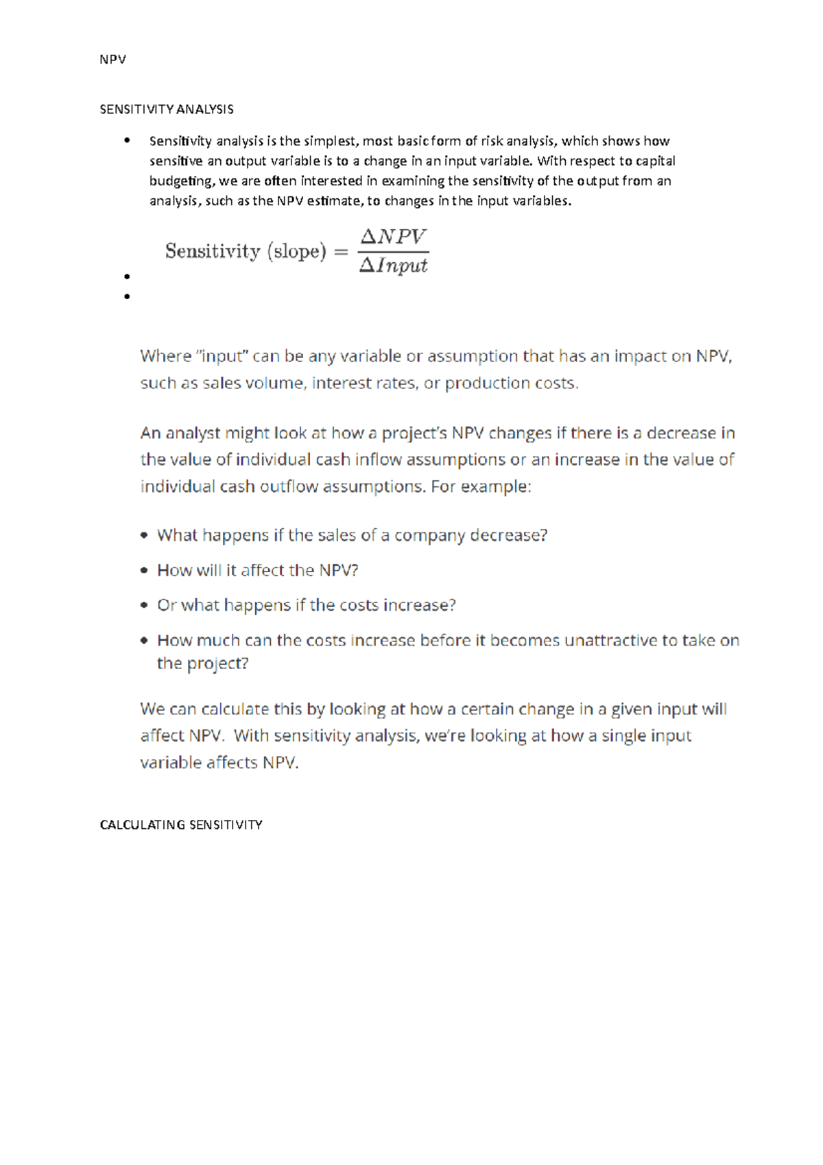 Module 9 Notes - SENSITIVITY ANALYSIS Sensitivity analysis is the ...