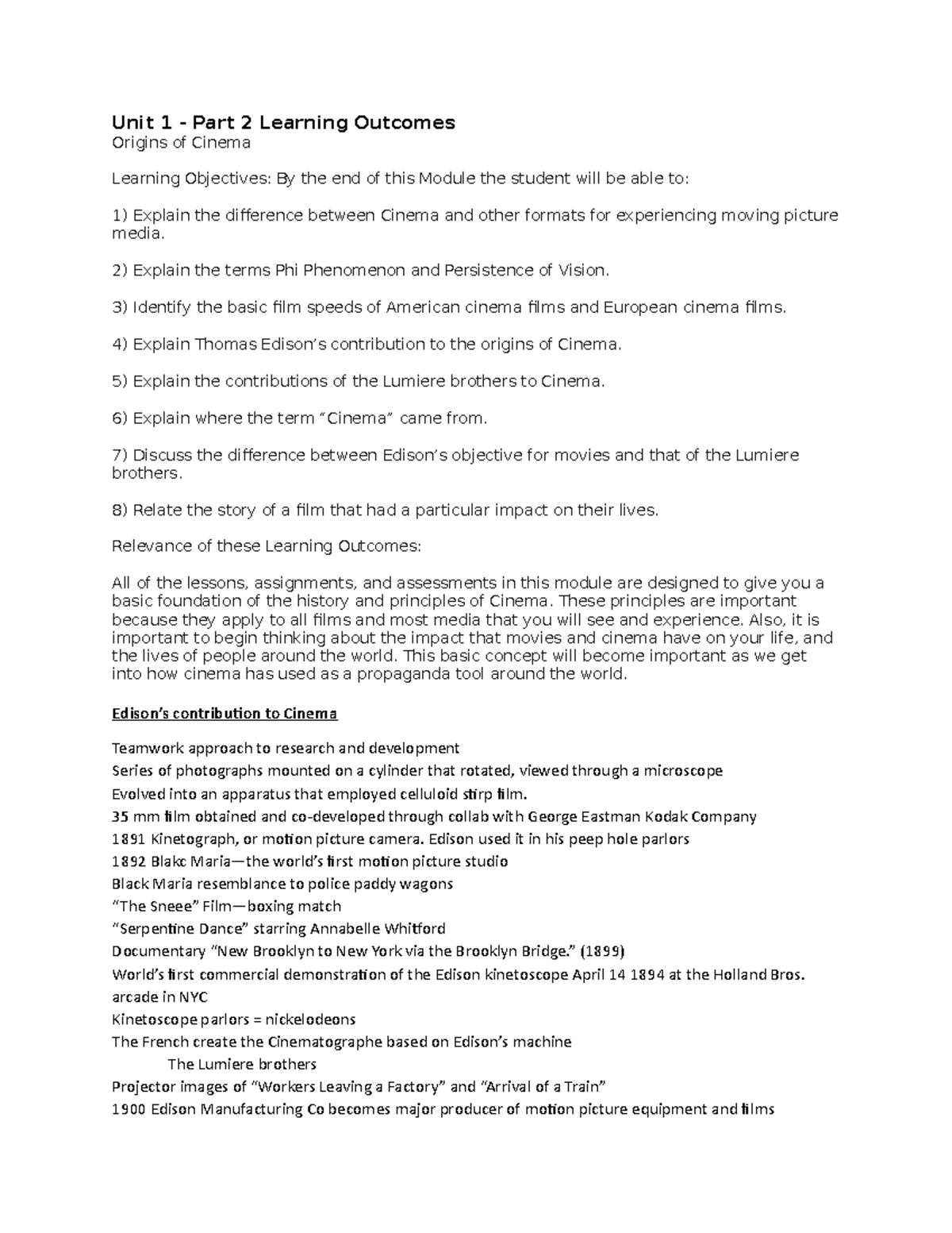 Unit 1 Origins of Cinema - Unit 1 Part 2 Learning Outcomes Origins of ...