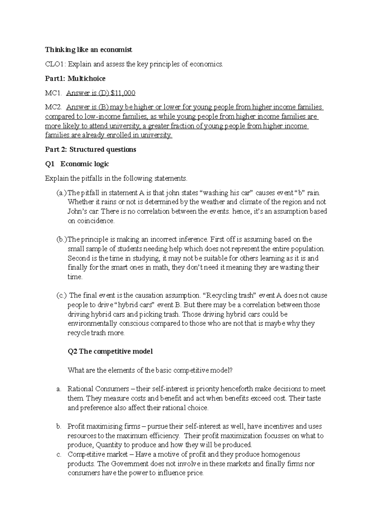 Econ Tutorial 1 - 3/3 - Thinking like an economist CLO1: Explain and ...