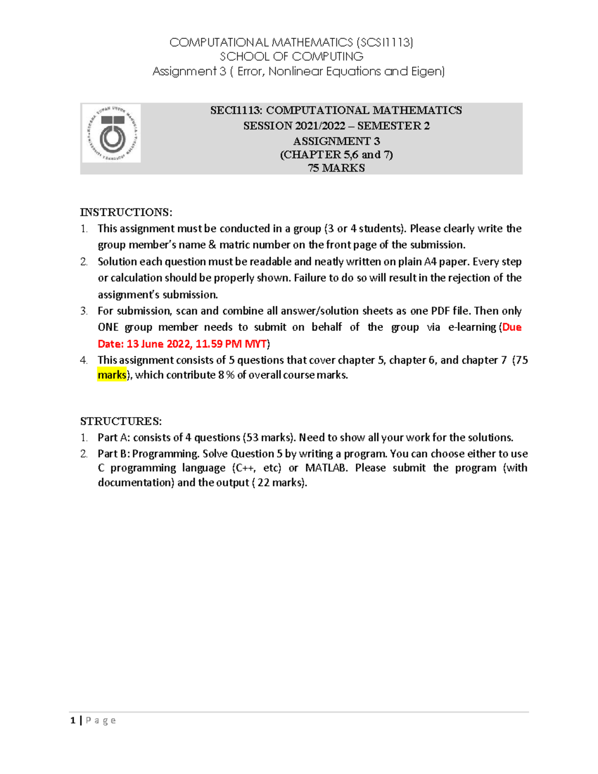 Asignment 3 2022 School Of Computing Assignment 3 Error Nonlinear Equations And Eigen