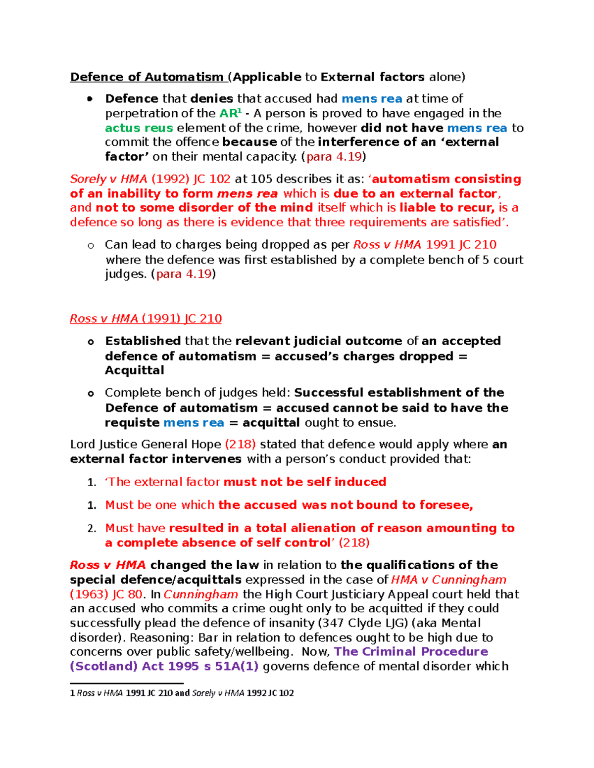 Defence of Automatism summary - Defence of Automatism ( Applicable to ...