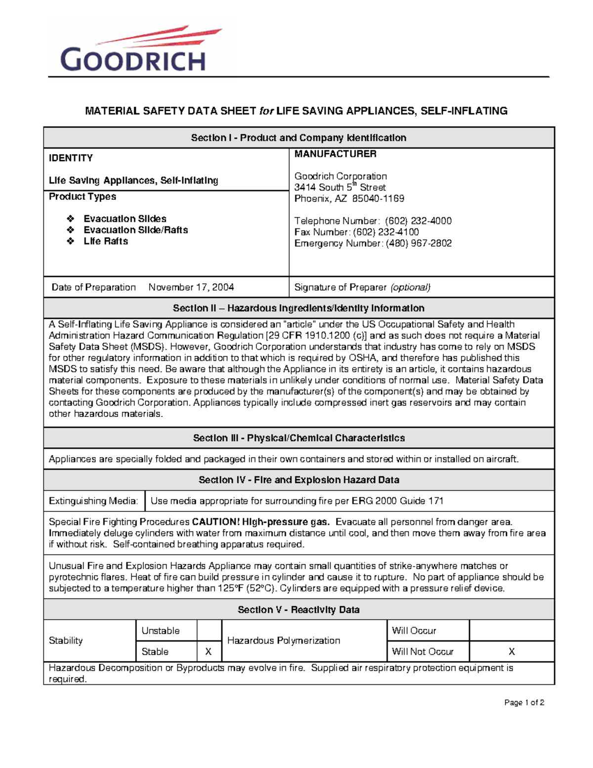 UN2990 9 - MATERIAL SAFETY DATA SHEET for LIFE SAVING APPLIANCES, SELF ...