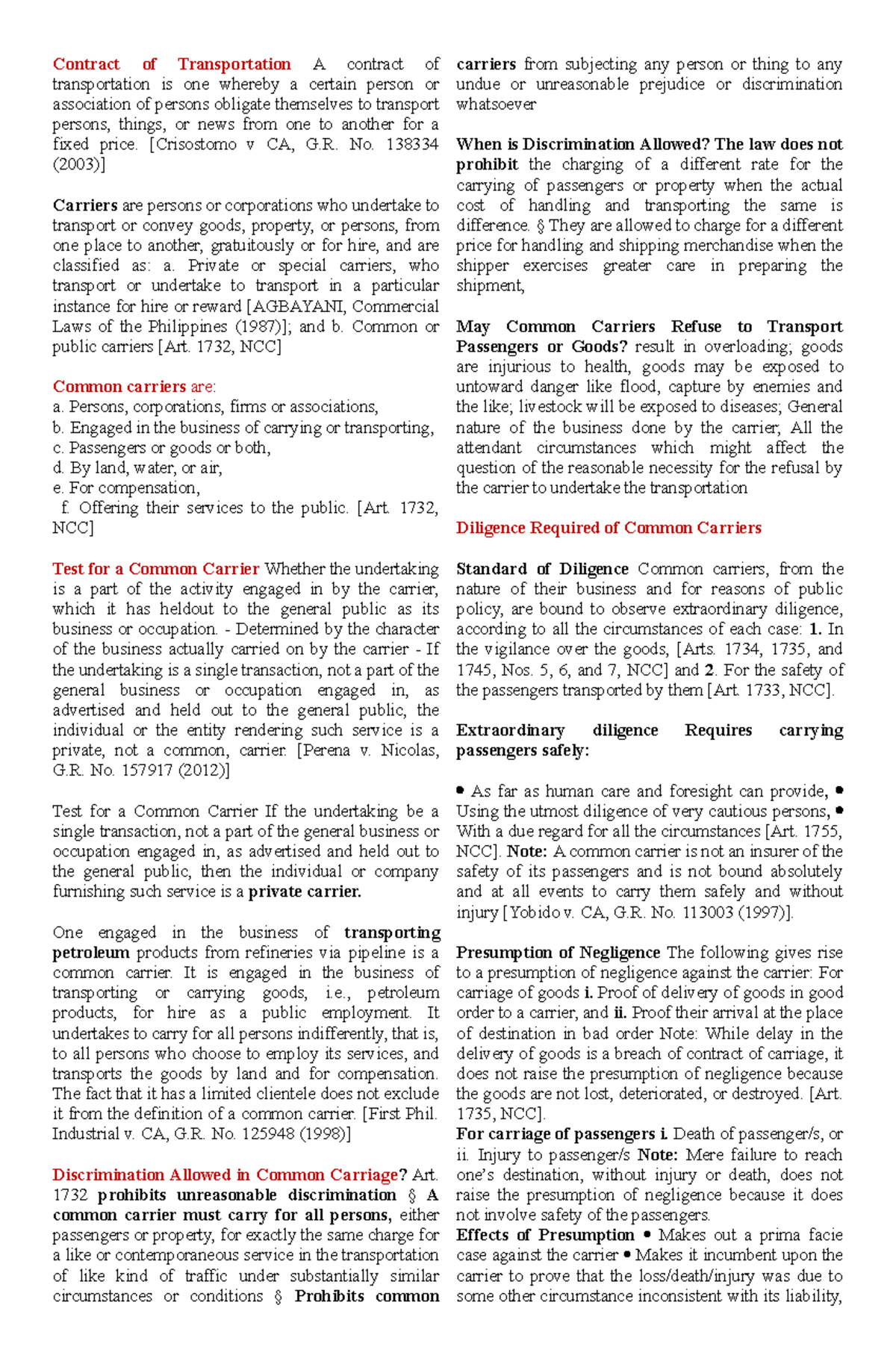 Contract of Transportation A contract of transportation is one whereby ...