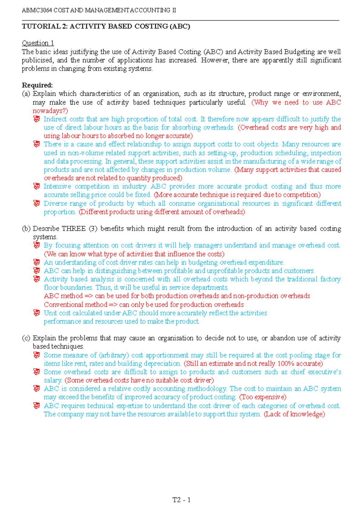 MA II T2 ABC - Tutorial 2 abc method - TUTORIAL 2: ACTIVITY BASED ...