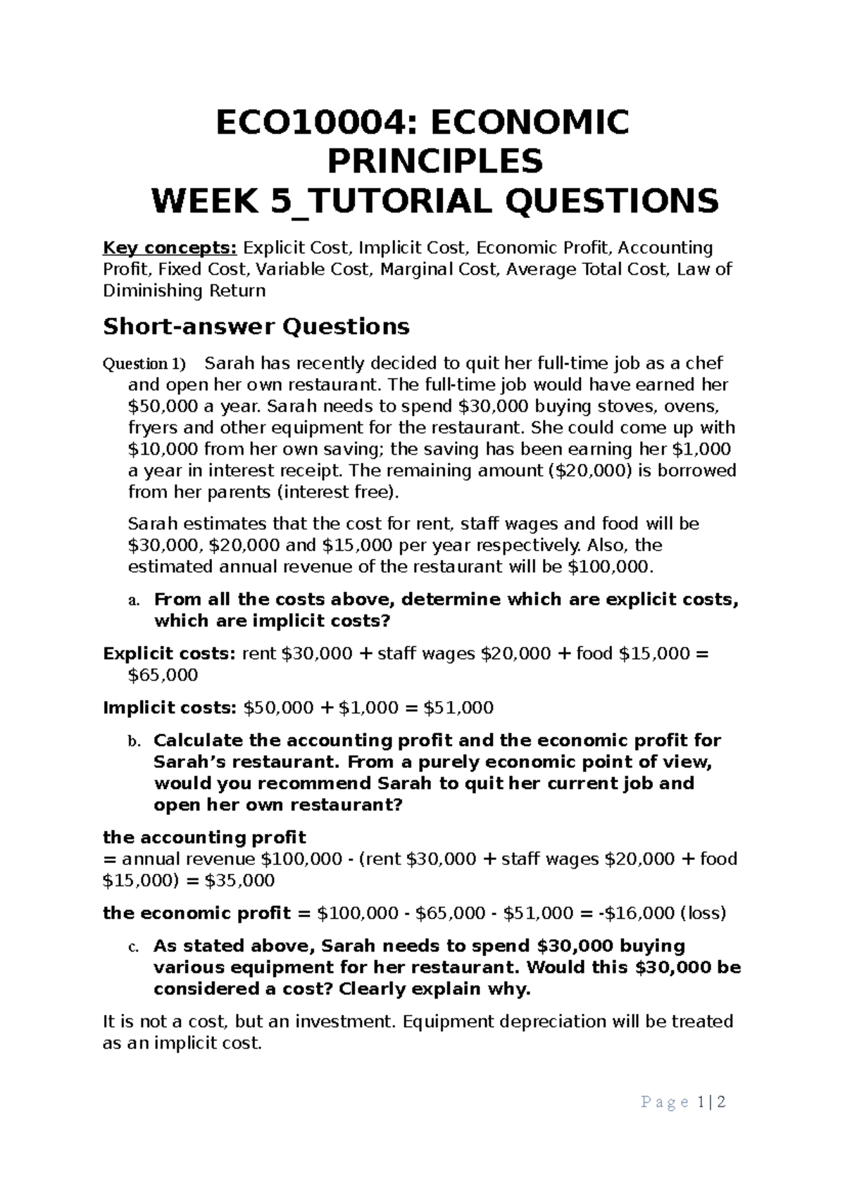 Week 5 Tutorial Questions - Economic principle - Studocu