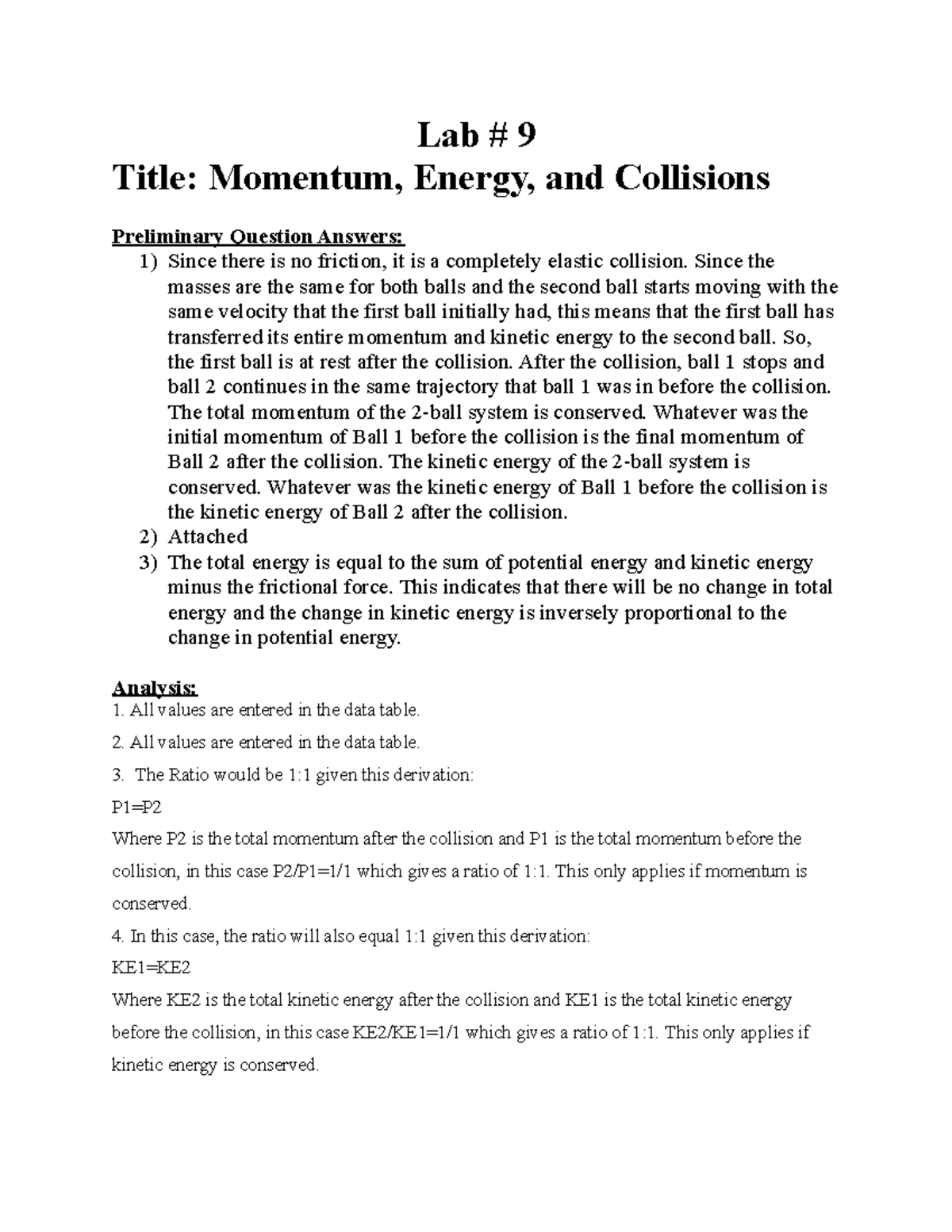 Lab 9 physics Lab Report Spring 2021 Semester - Lab # 9 Title: Momentum ...