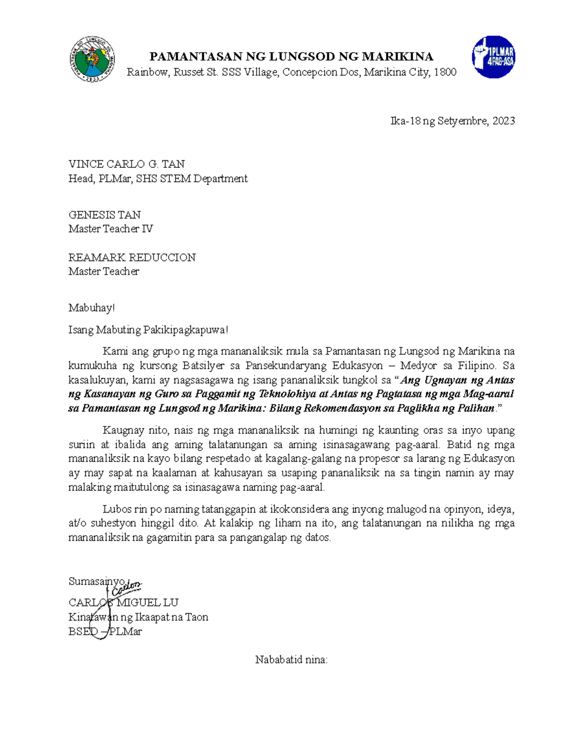 Letter Professors Validation Survey - PAMANTASAN NG LUNGSOD NG MARIKINA ...