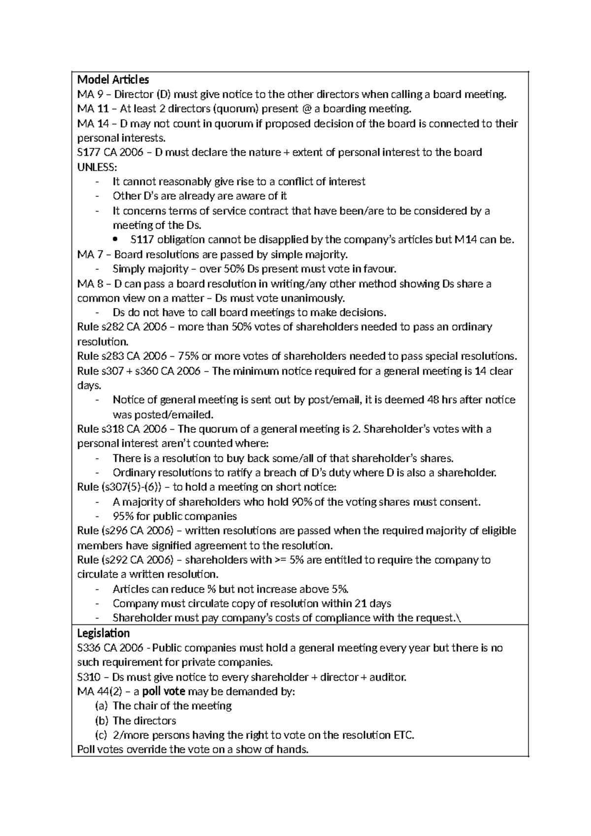 Company Decision Making Cheat Sheet - Model Articles MA 9 – Director (D ...