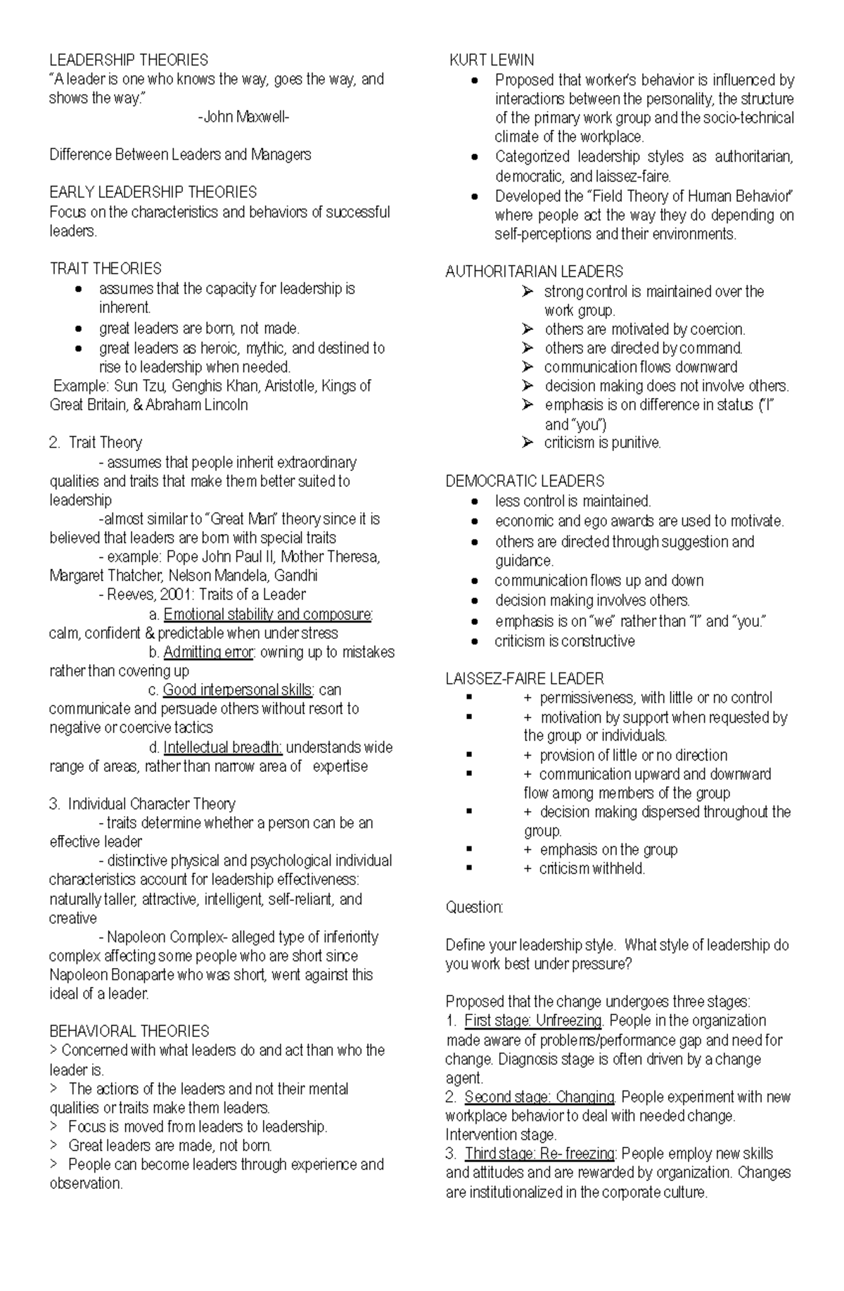 Leadership- Theories UE1 - LEADERSHIP THEORIES “A leader is one who ...
