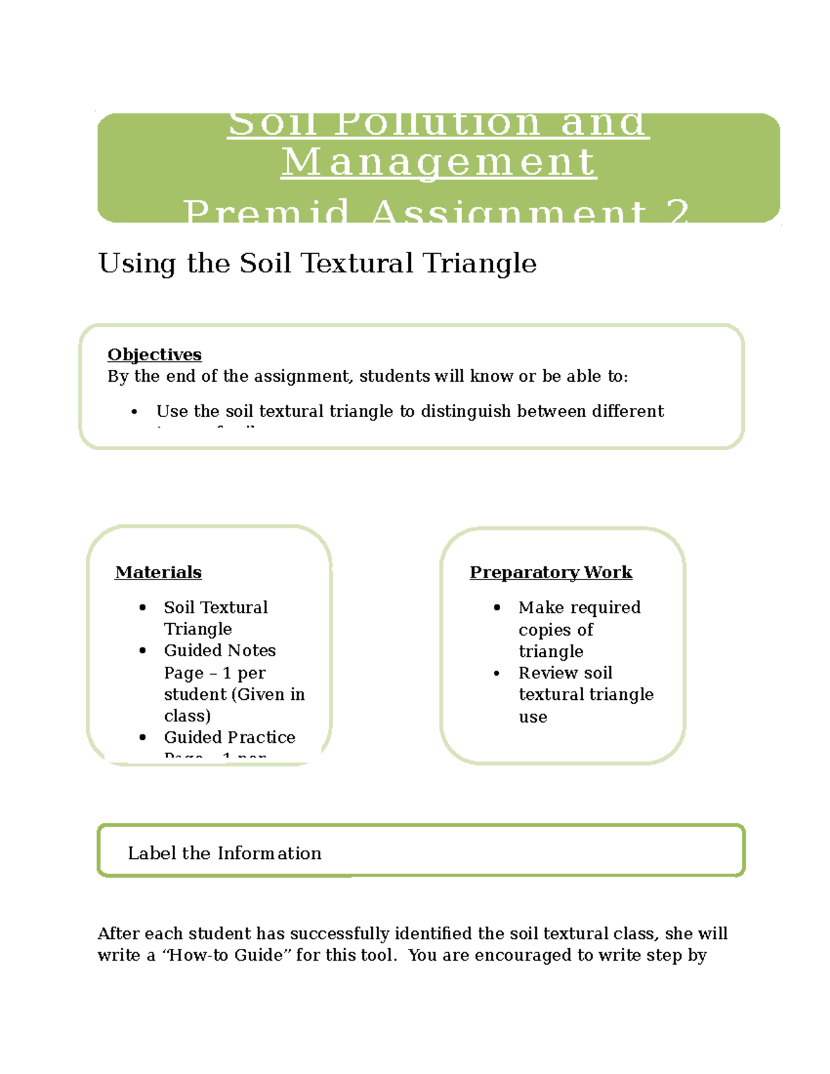Soil assignment 2 - Soil Texture and soil properties - Using the Soil Textural Triangle After ...