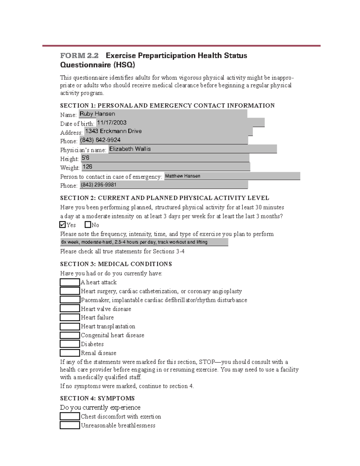 Exercise Preparticipation Health Status Questionnaire (HSQ) Example ...