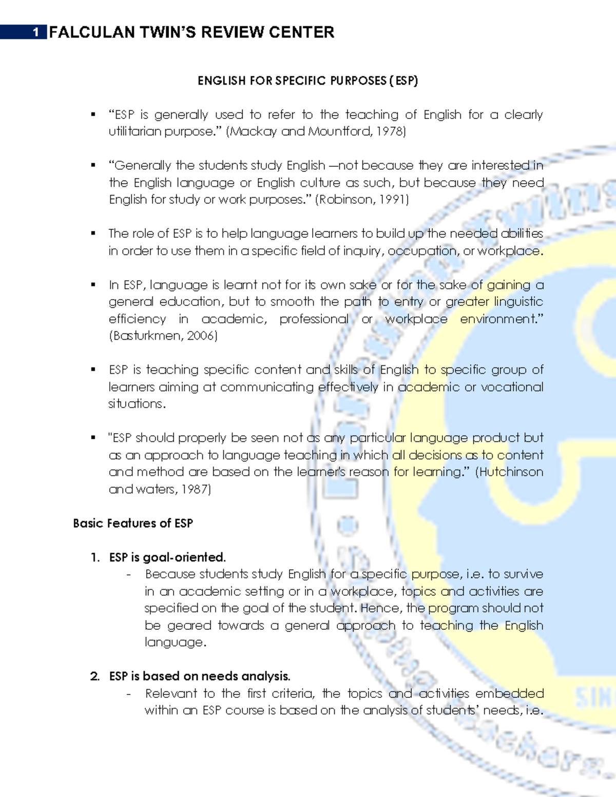 English FOR Specific Purposes ESP Handout - ENGLISH FOR SPECIFIC ...