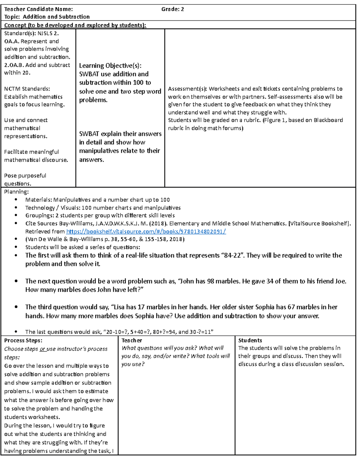 Lesson Plan Math - Teacher Candidate Name: Grade: 2 Topic : Addition ...