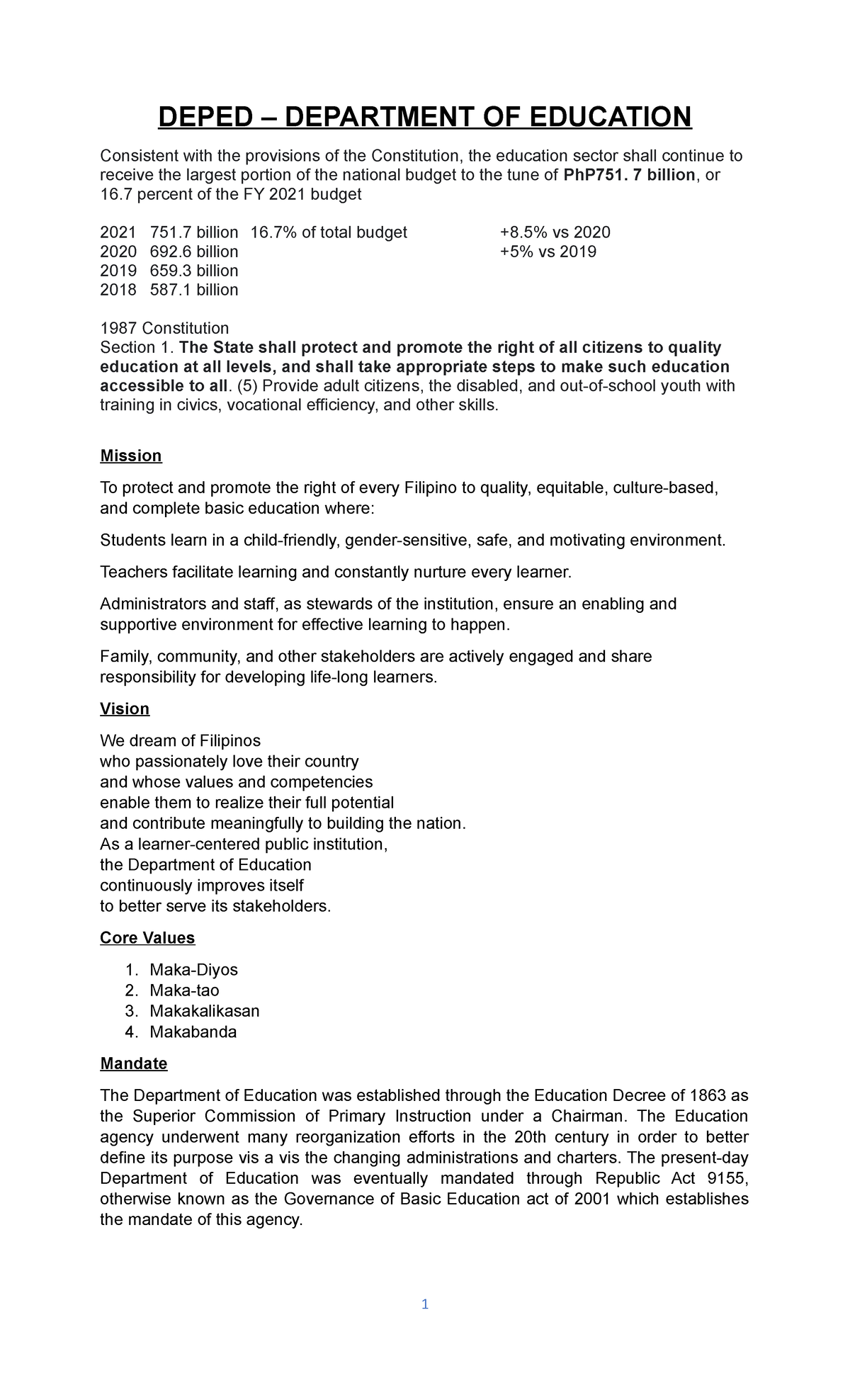 Report - DEPED – DEPARTMENT OF EDUCATION Consistent with the provisions ...