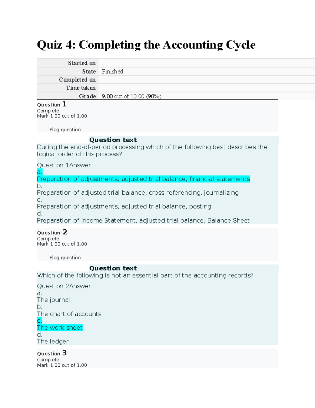 Quiz-4 - accounting cycle - Quiz 4: Completing the Accounting Cycle ...