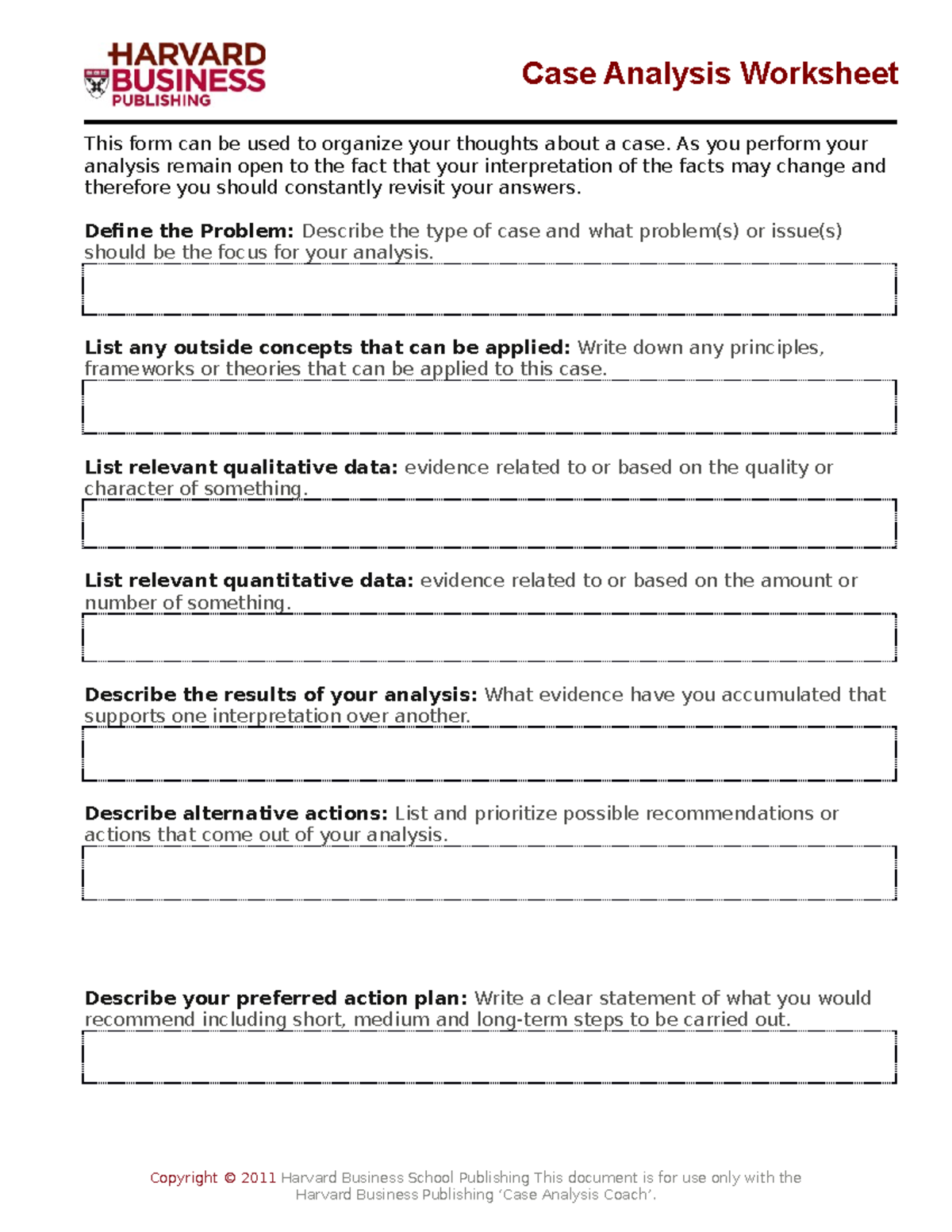 HBR Case Analysis Worksheet docx - This form can be used to organize ...