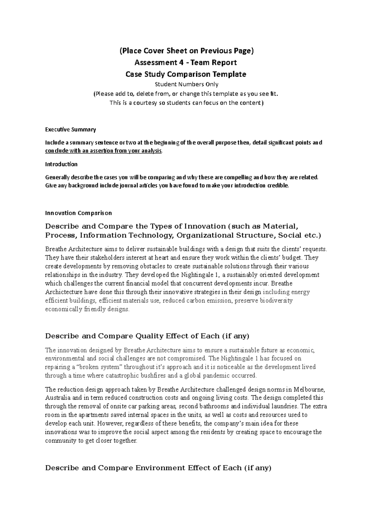 Case Study Comparison Template for Students Use(4) - (Place Cover Sheet ...