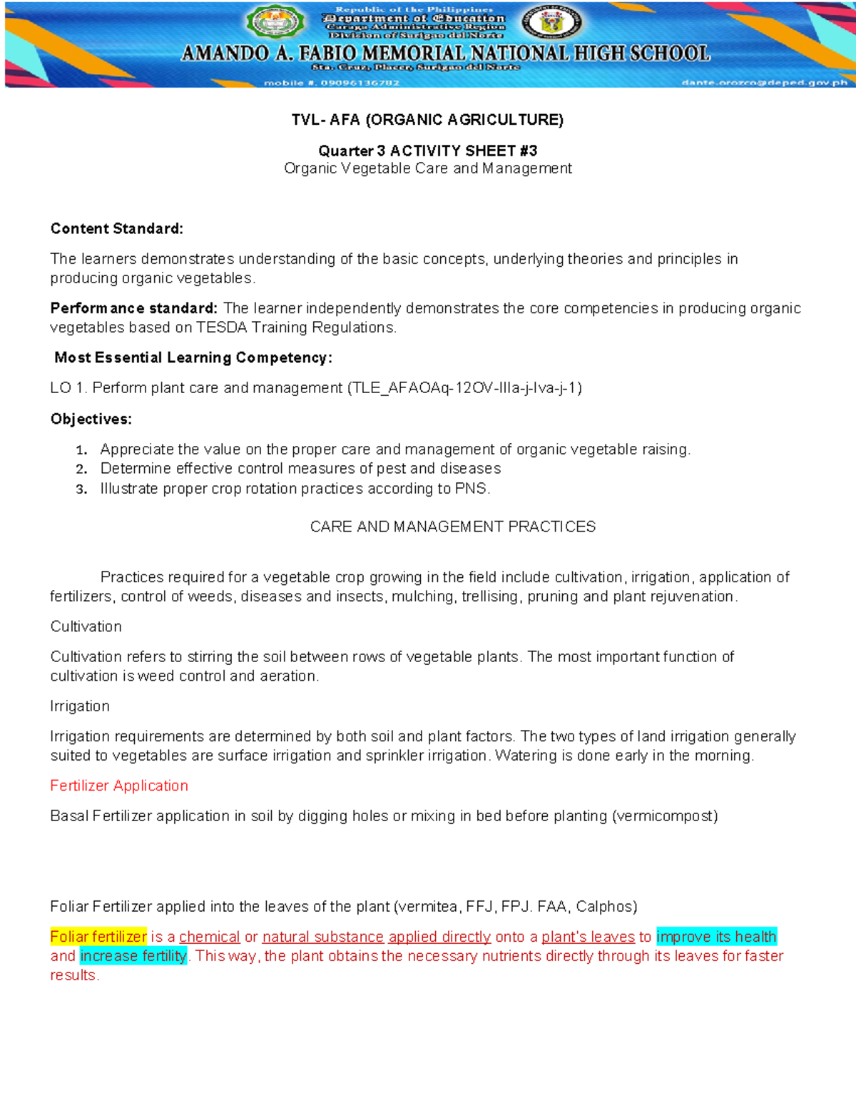 Activity sheet TVL q3 activity 3 3 - TVL- AFA (ORGANIC AGRICULTURE ...