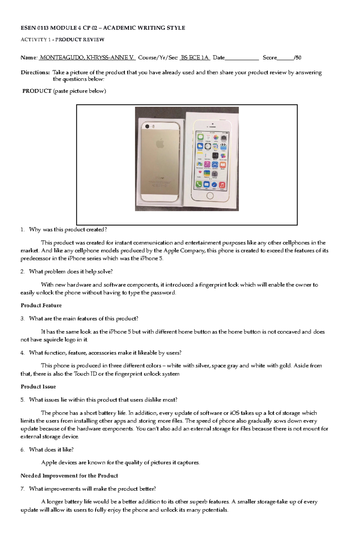 ESEN Module 4 - Activity 1 - Product Review - ESEN 0113 MODULE 4 CP 02 – ACADEMIC WRITING STYLE ...