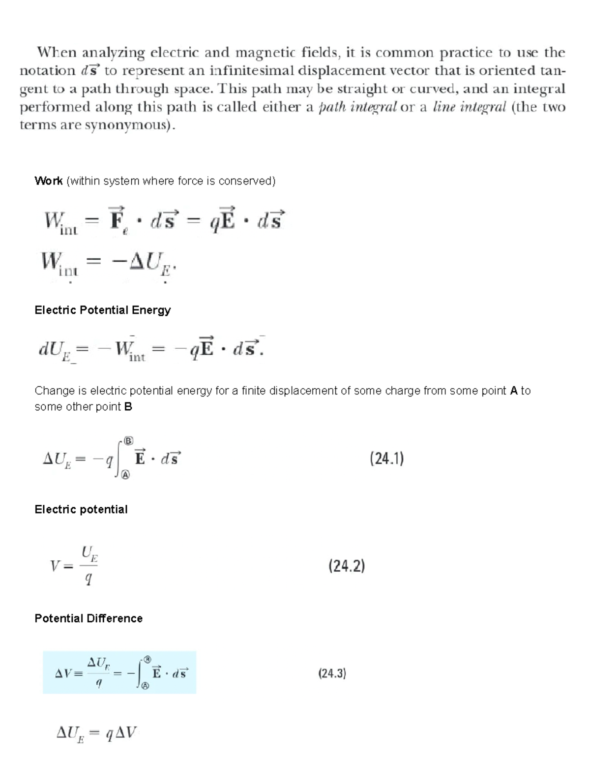 Chapter 24 - Electric Potential - Work (within system where force is conserved) Electric ...