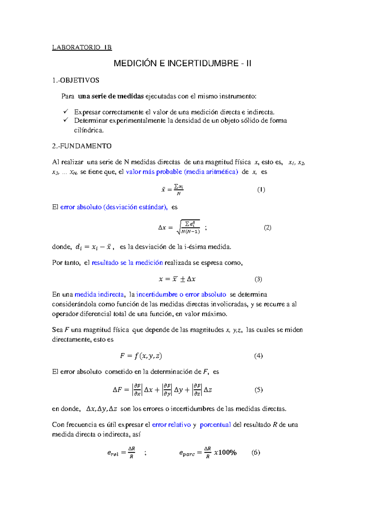 Lab. 1B Medición e Incertid II - LABORATORIO 1B MEDICIÓN E ...