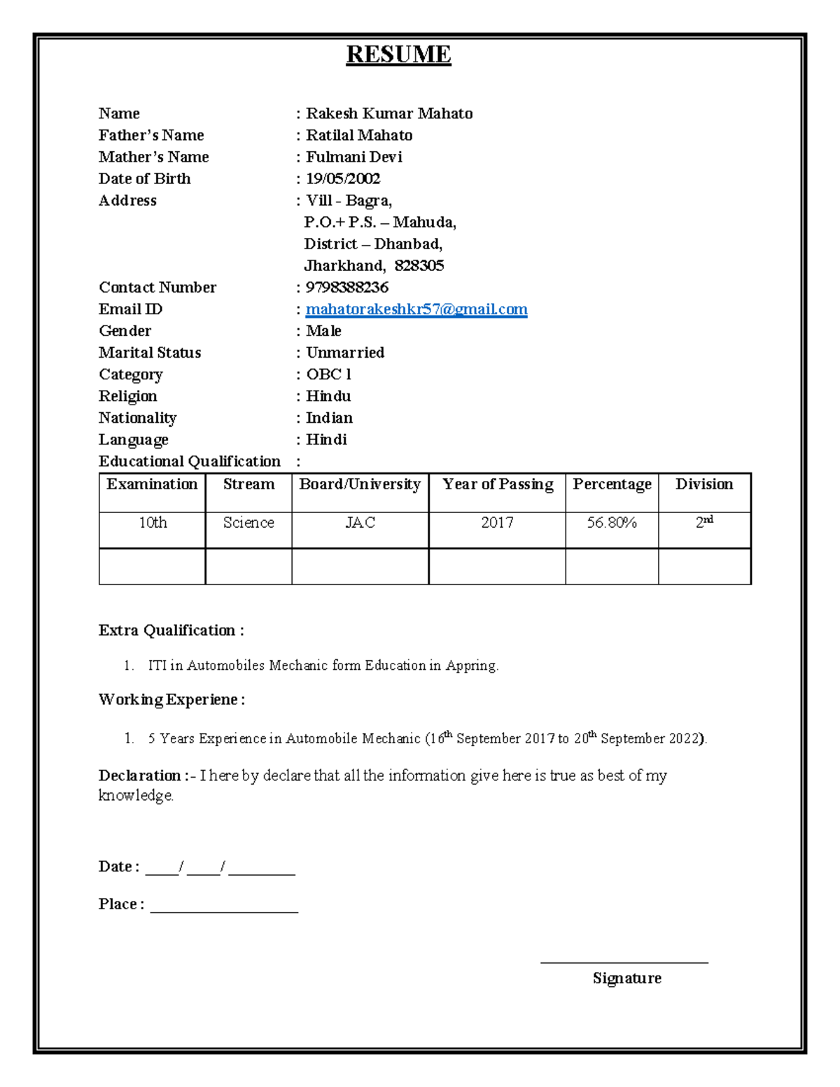 Rakesh Resume - RESUME Name : Rakesh Kumar Mahato Father’s Name ...