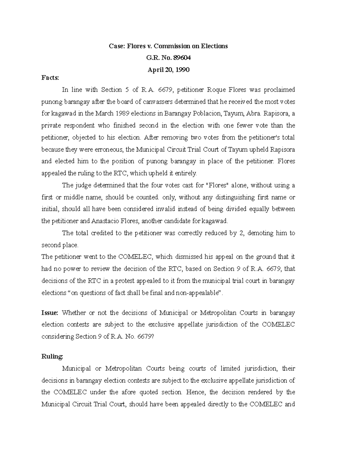 Stat Con 3 - Lecture Notes - Case: Flores v. Commission on Elections G ...