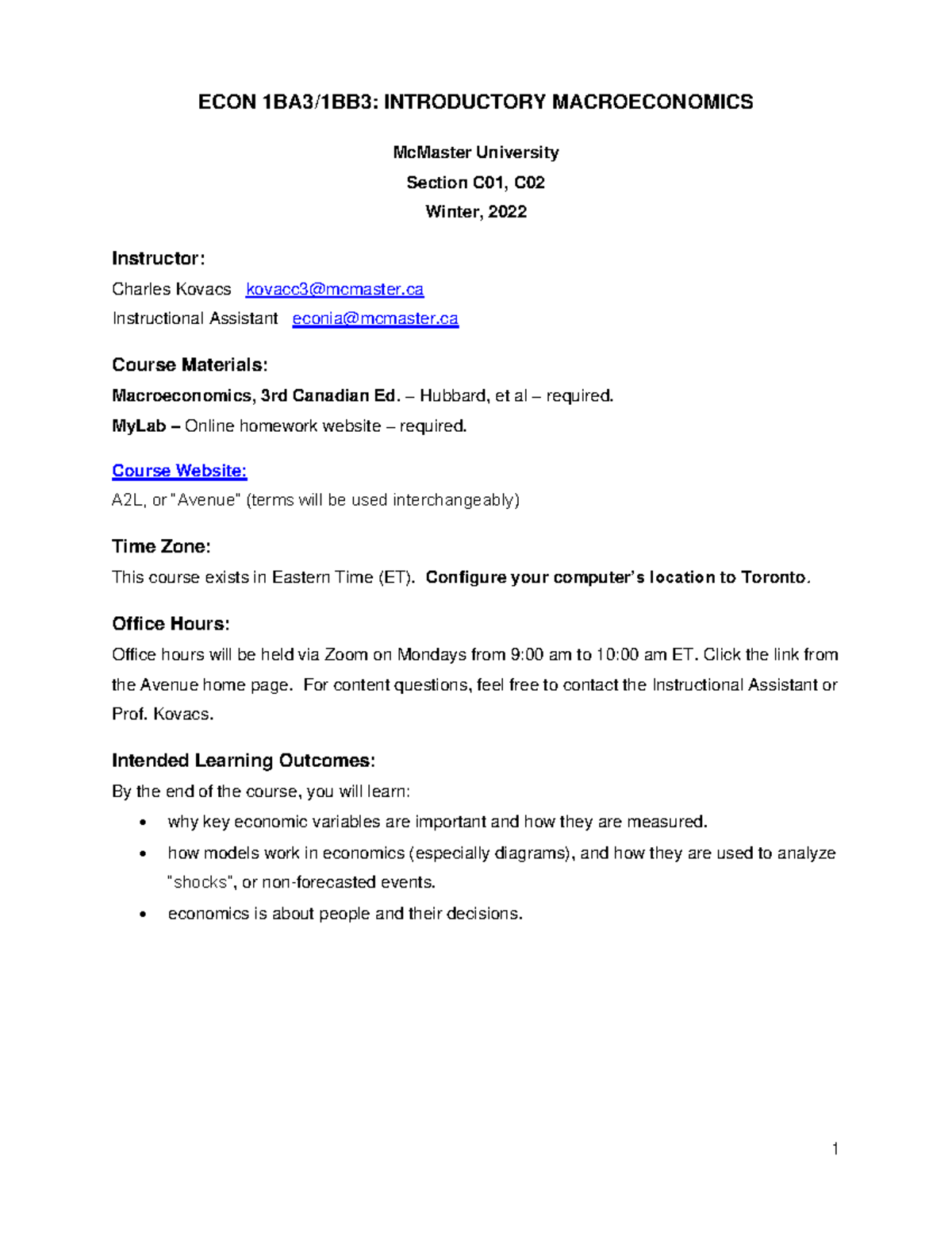 Econ 1BB3 - Course outline - ECON 1BA3/1BB3: INTRODUCTORY ...