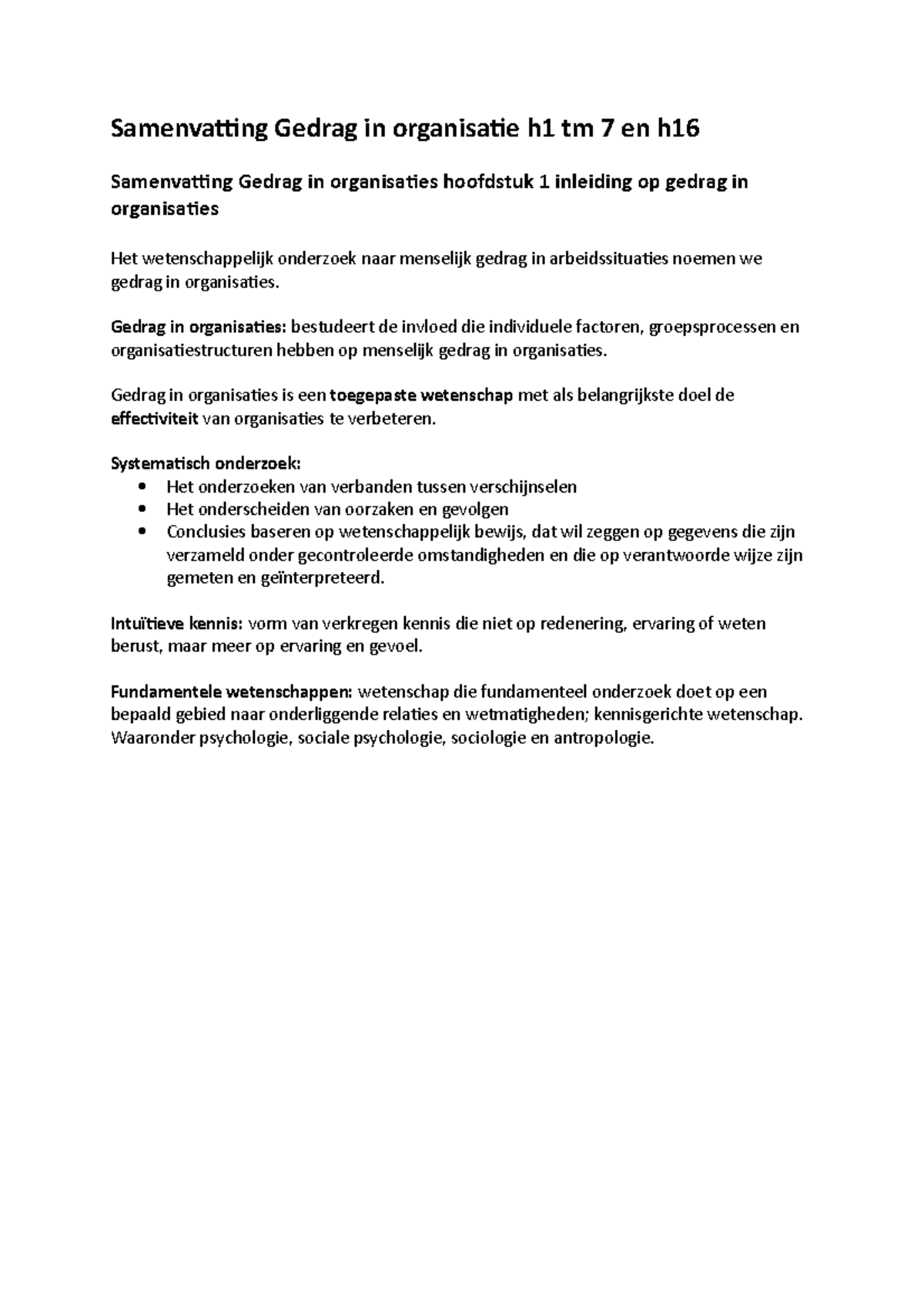 Samenvatting Gedrag In Organisatie H1 Tm 7 En H16 Gedrag In