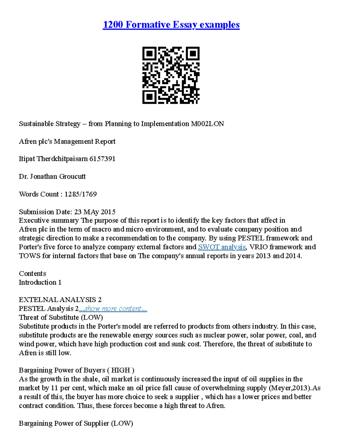 Example Of Essay - 1200 Formative Essay examples Sustainable Strategy ...