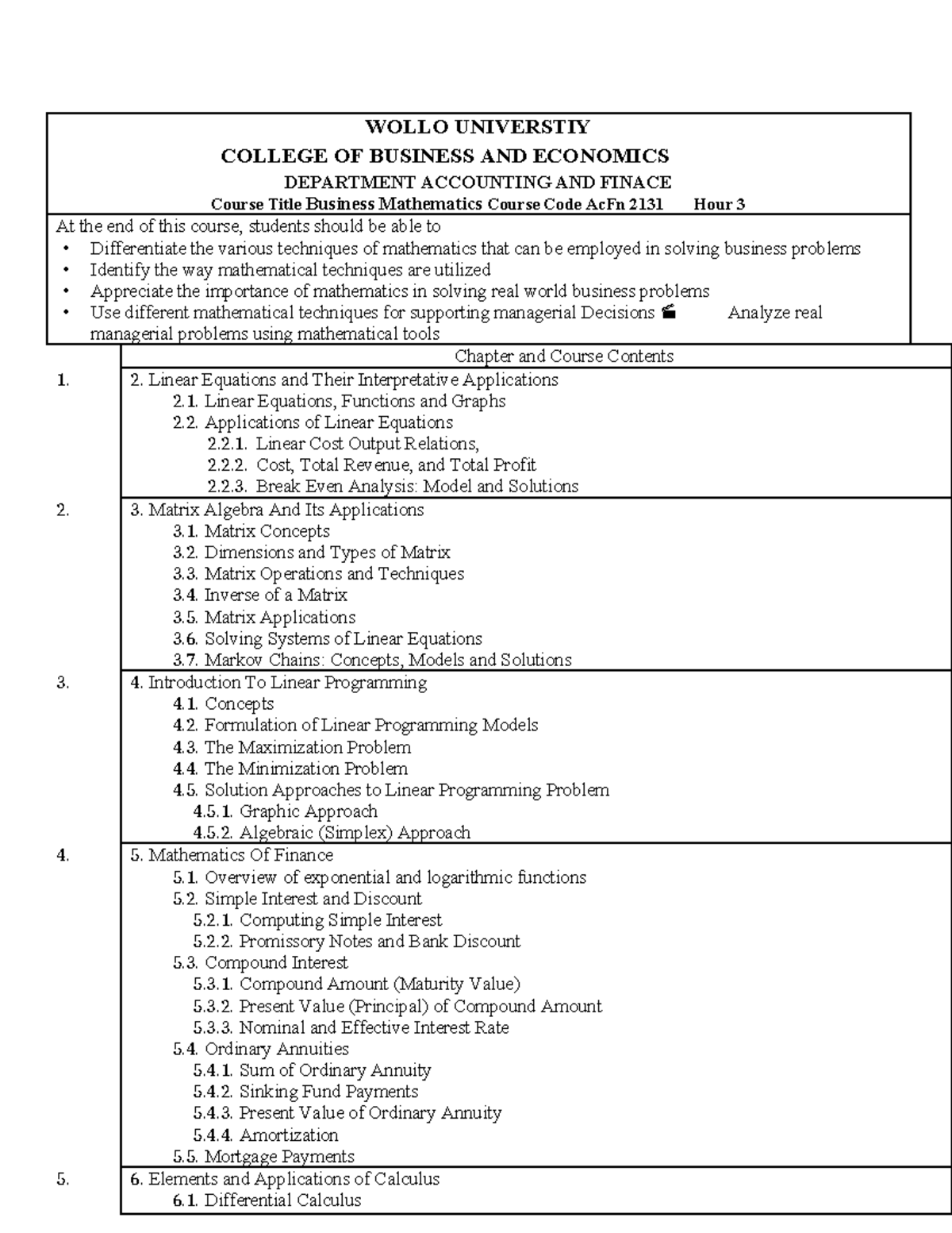 Business Maths course outline - WOLLO UNIVERSTIY COLLEGE OF BUSINESS ...